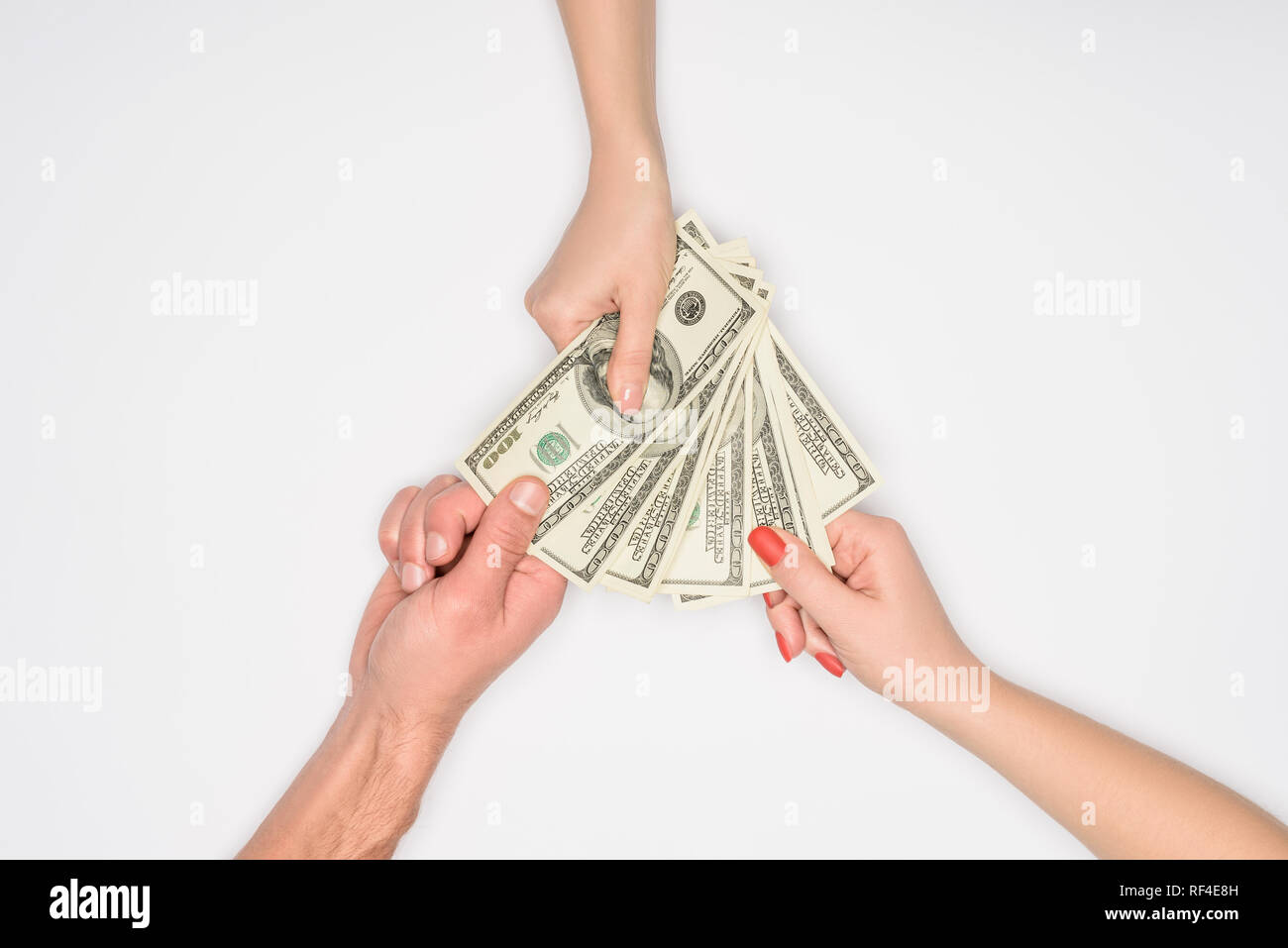 cropped view of people holding dollar banknotes isolated on grey Stock ...