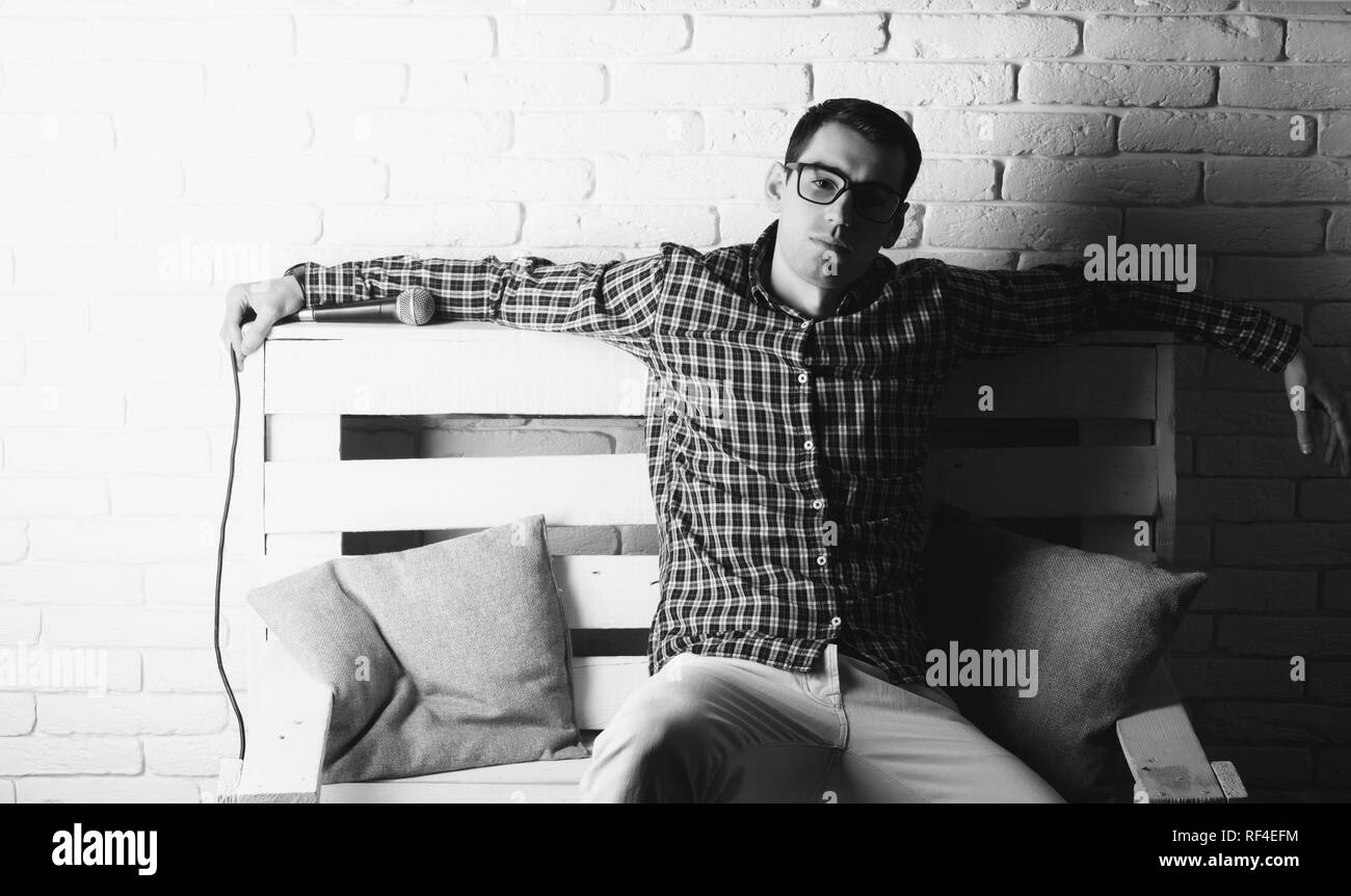 Microphone brick wall Black and White Stock Photos & Images - Alamy