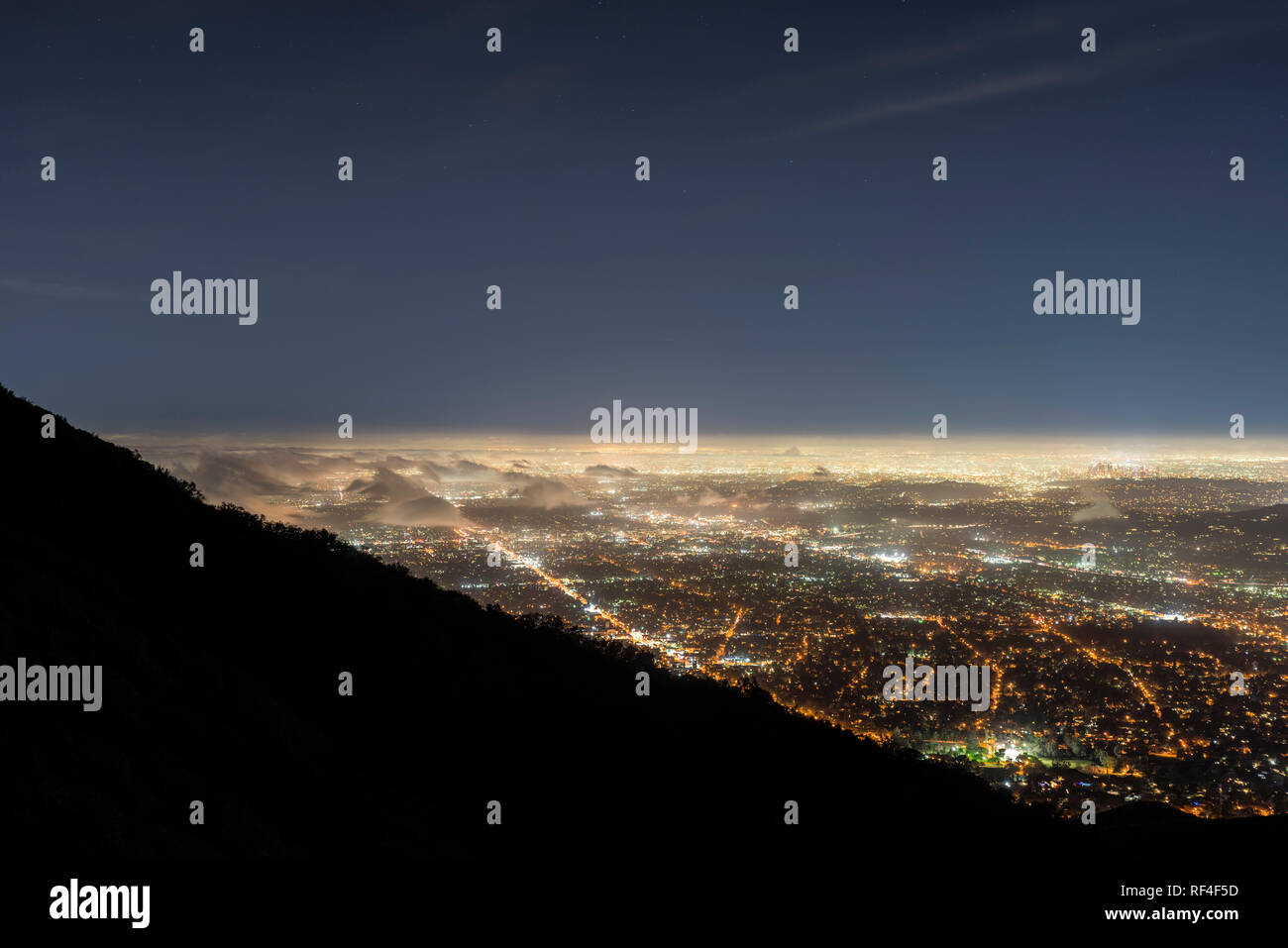 Night view of Pasadena, Altadena and Los Angeles from peak in the San ...
