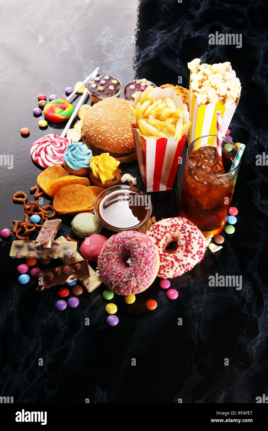 Unhealthy products. food bad for figure, skin, heart and teeth ...