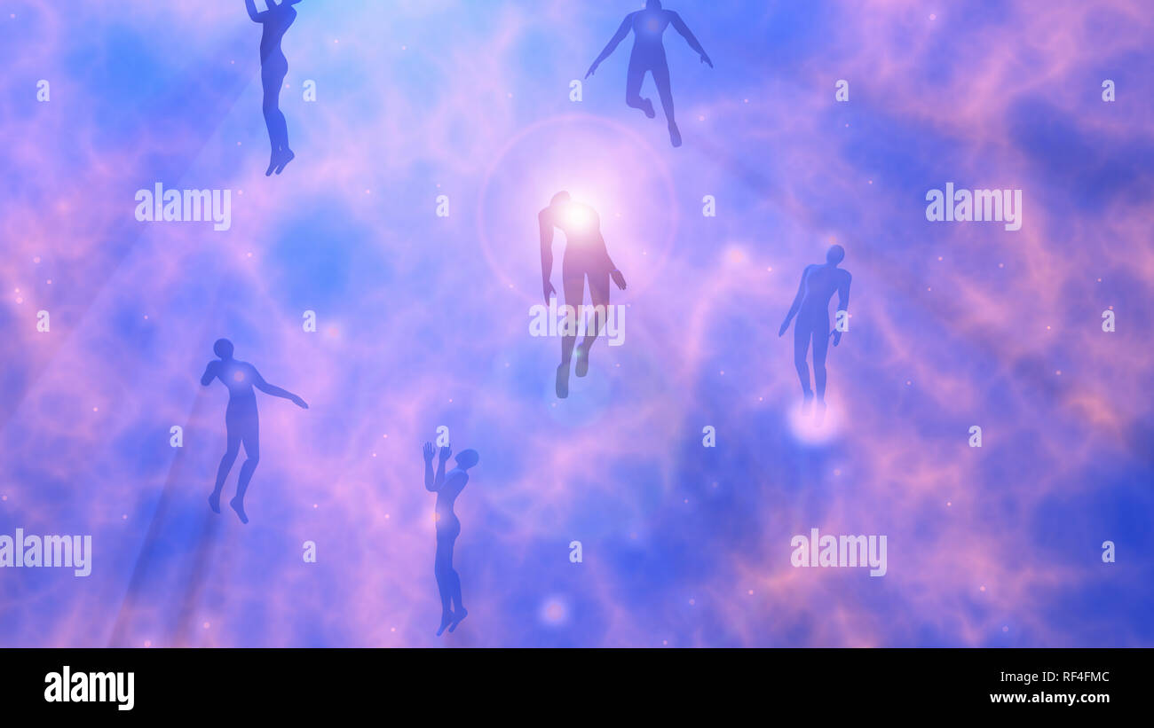 People floating, rising into space , heavens. Astral plane.Silhouette ...