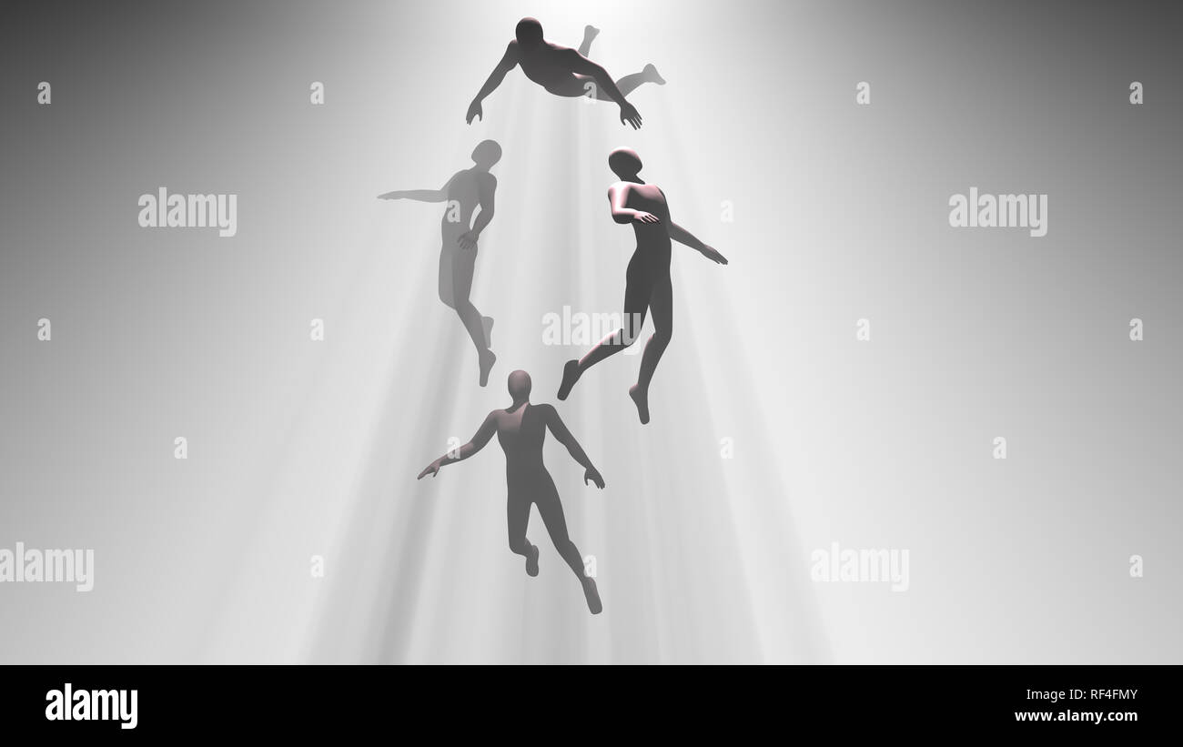 People floating, rising into light beams , heavens, space. Astral plane ...