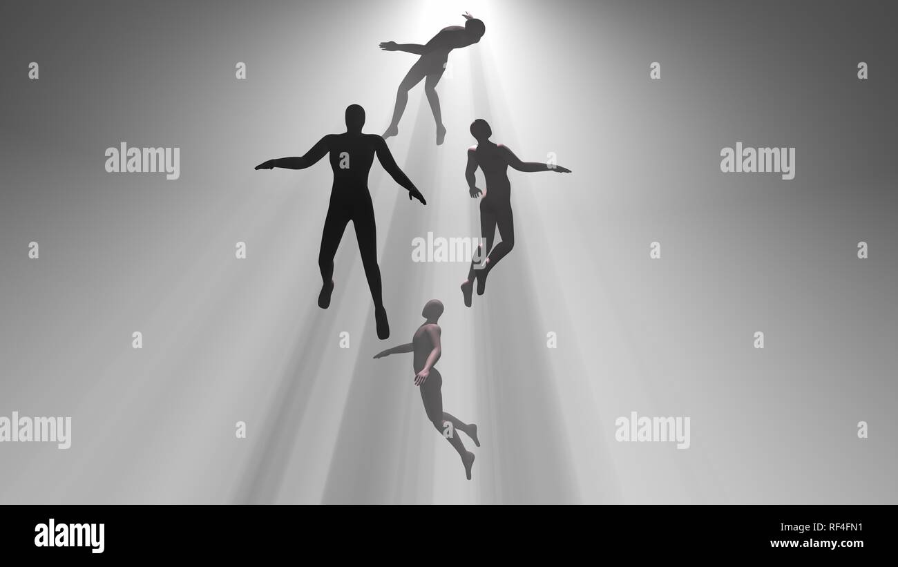 People floating, rising into light beams , heavens, space. Astral plane ...
