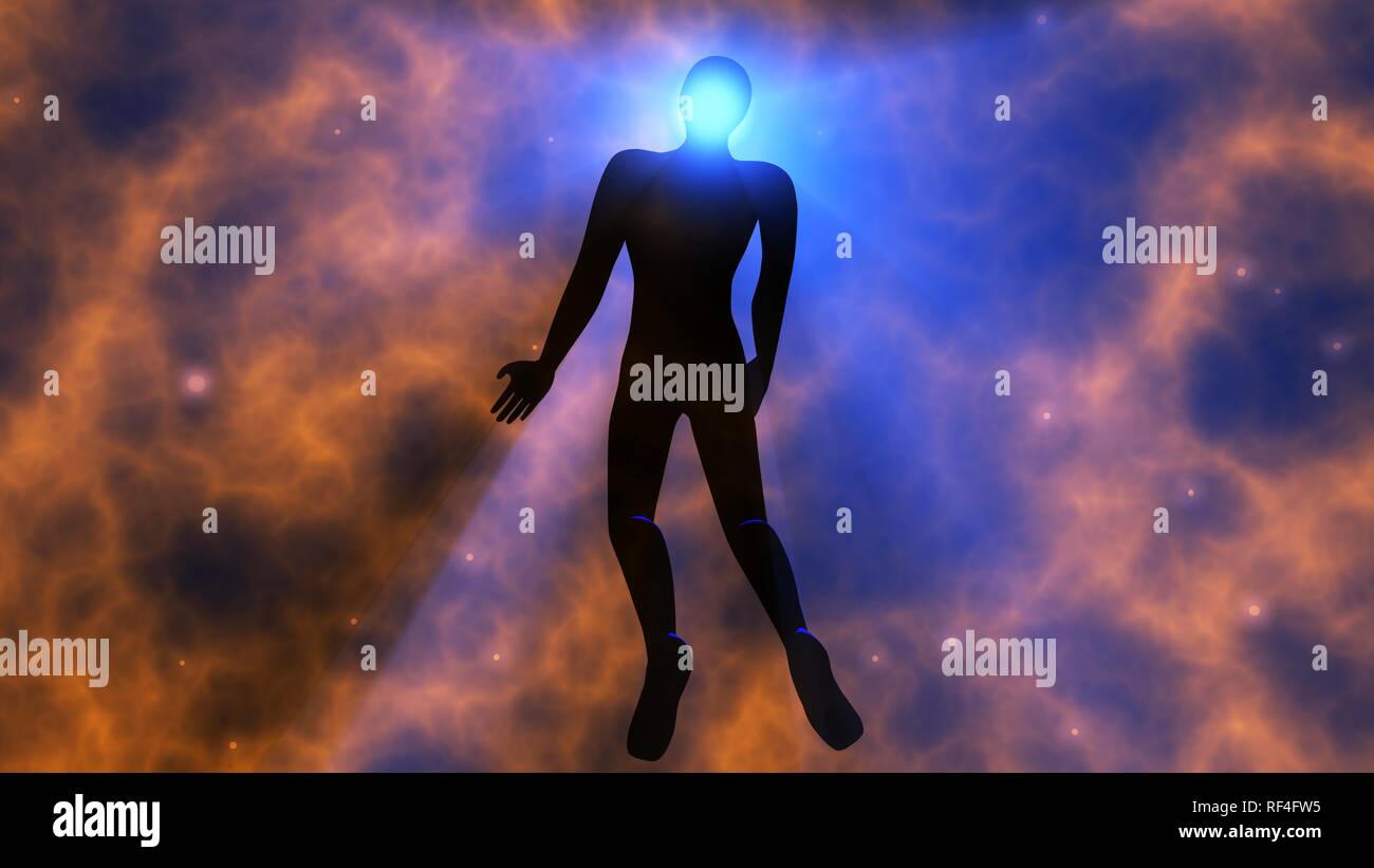 Man floating, rising into space , heavens. Astral plane. Silhouette. 3d ...