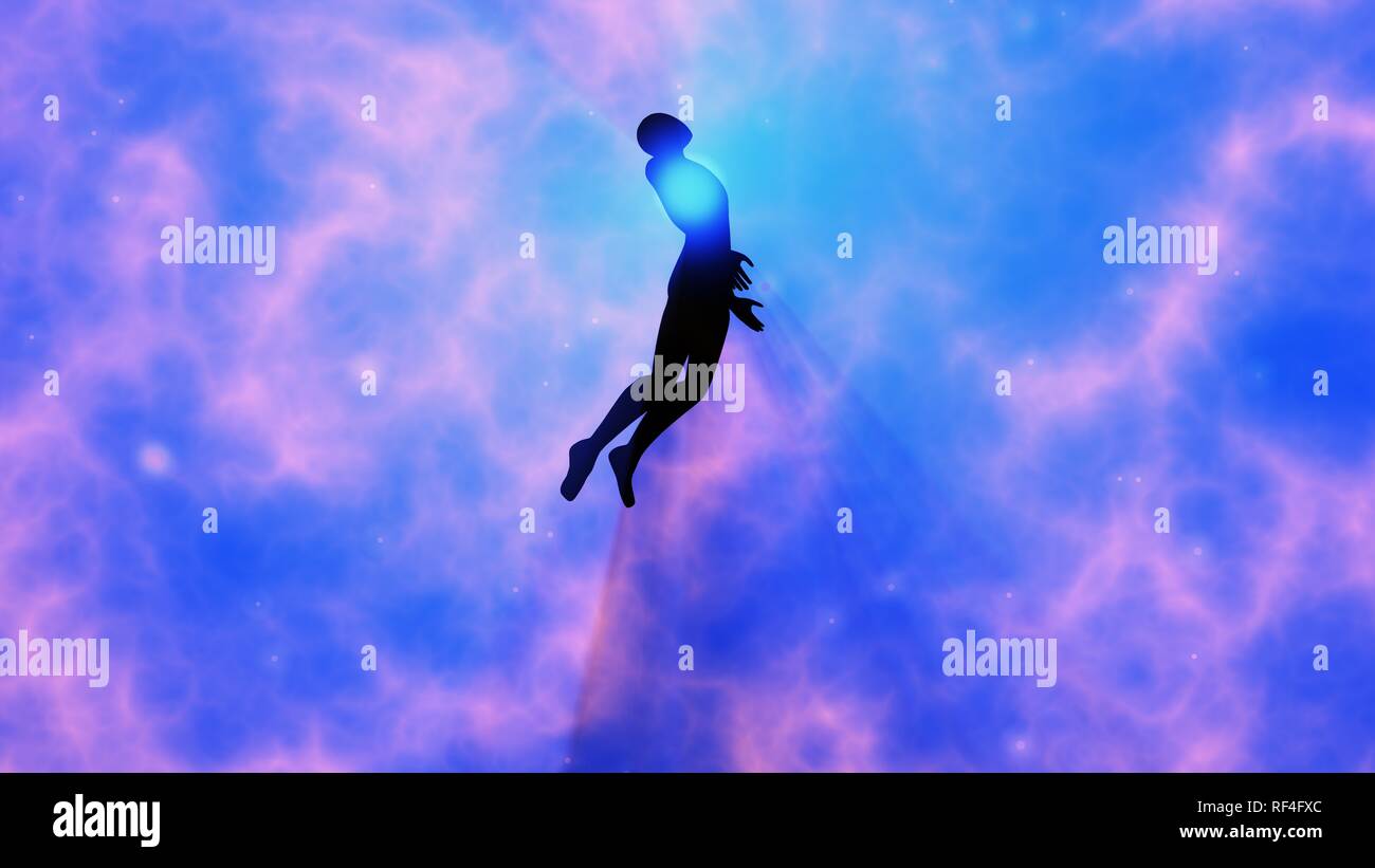 Man floating, rising into space , heavens. Astral plane. Silhouette. 3d ...