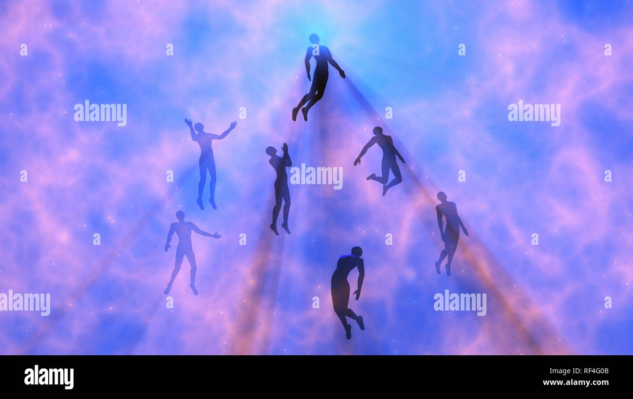 People floating, rising into space , heavens. Astral plane.Silhouette ...