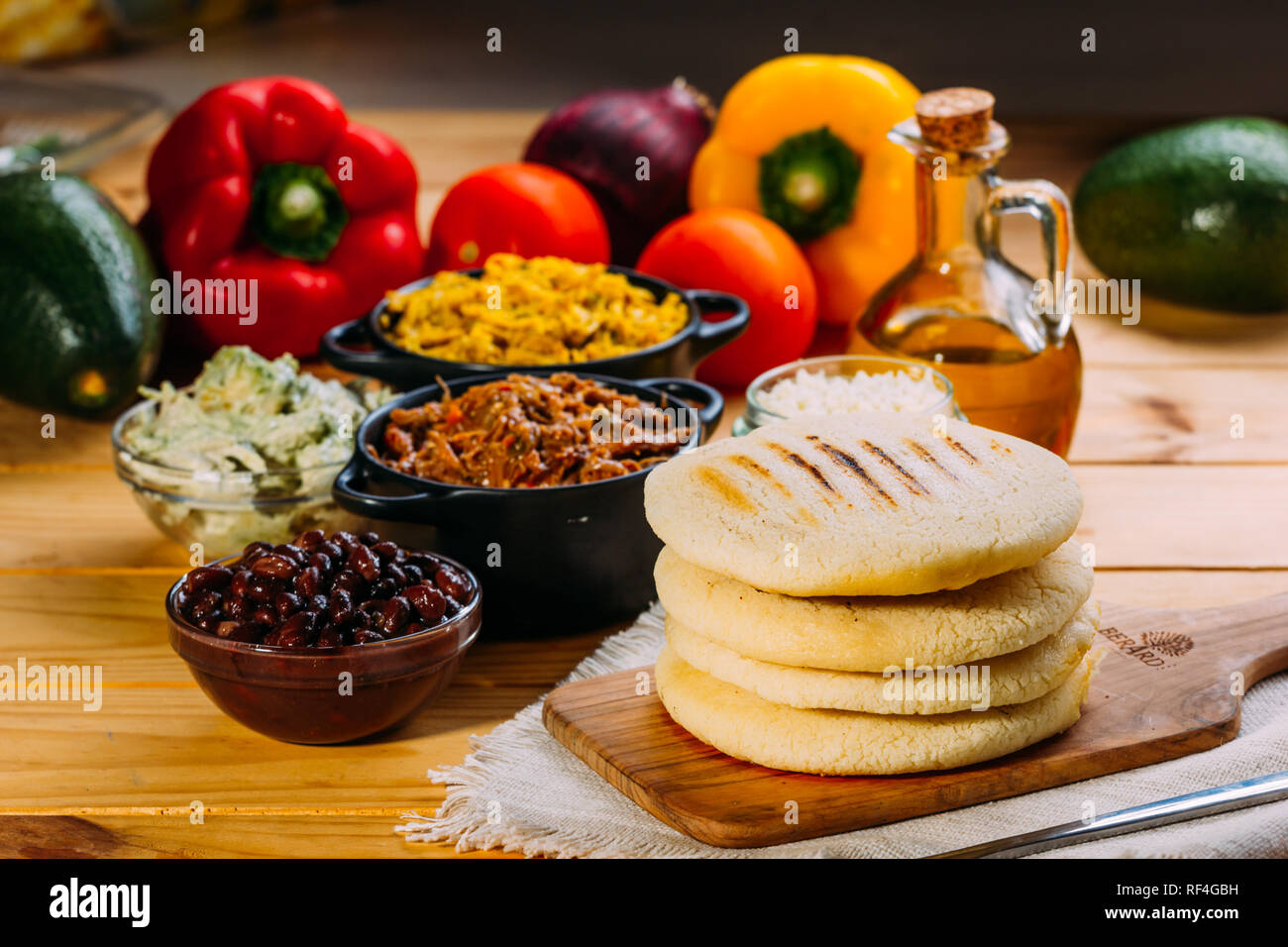 typical breakfast of Venezuela and Colombia, Arepas with many ...