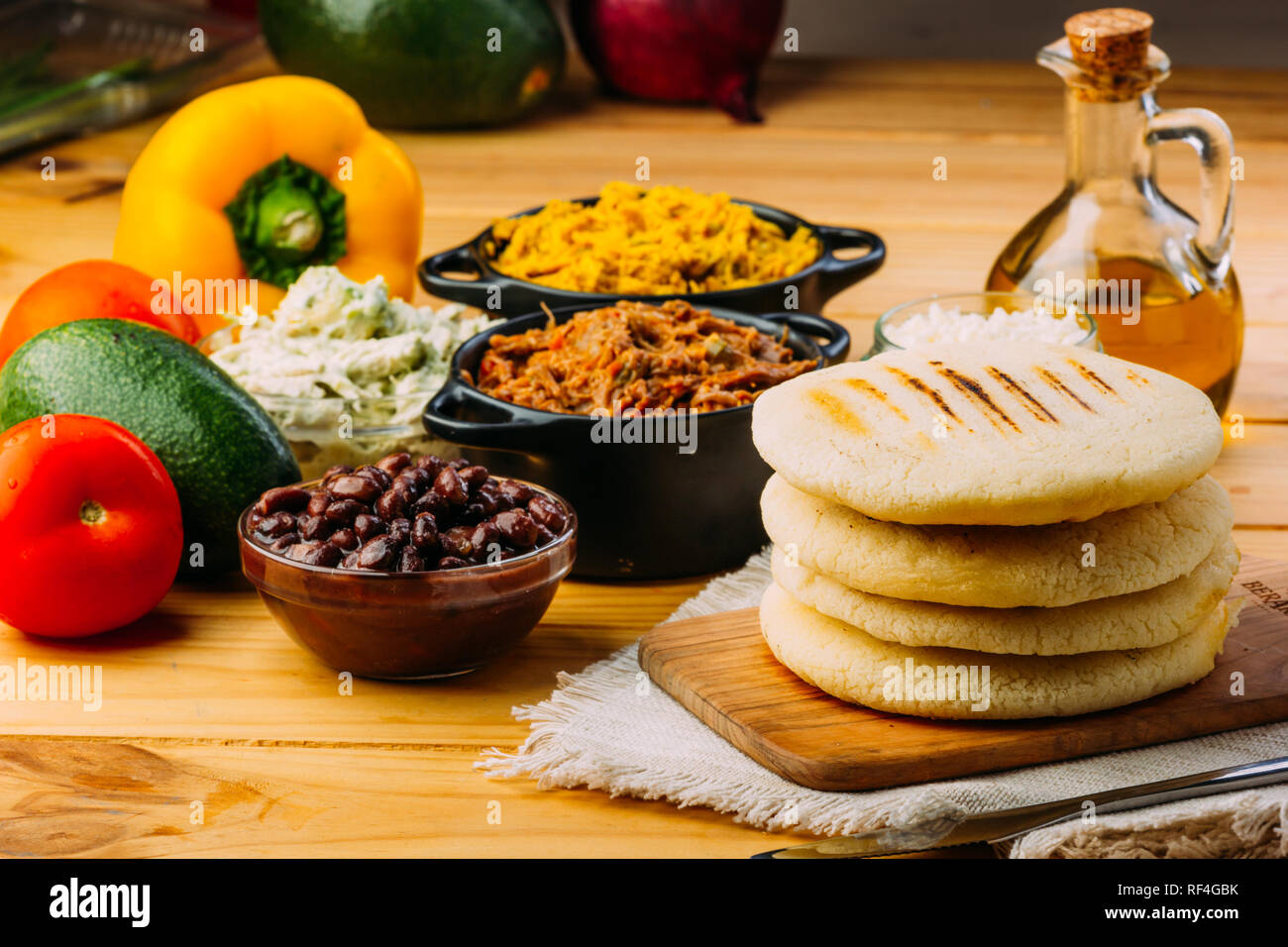 typical breakfast of Venezuela and Colombia, Arepas with many ...