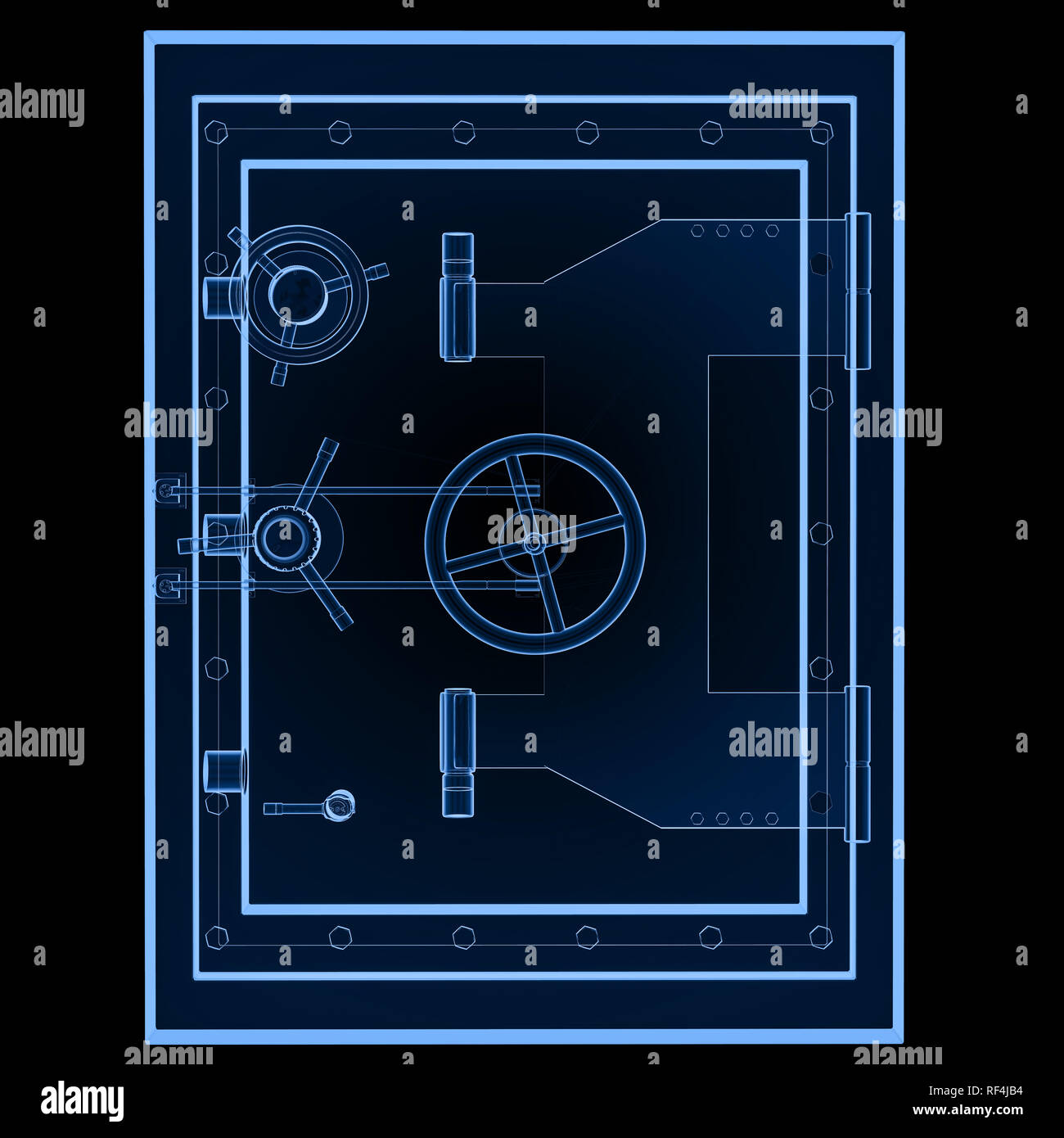 3d rendering x-ray metallic bank safe or steel safe isolated on black ...