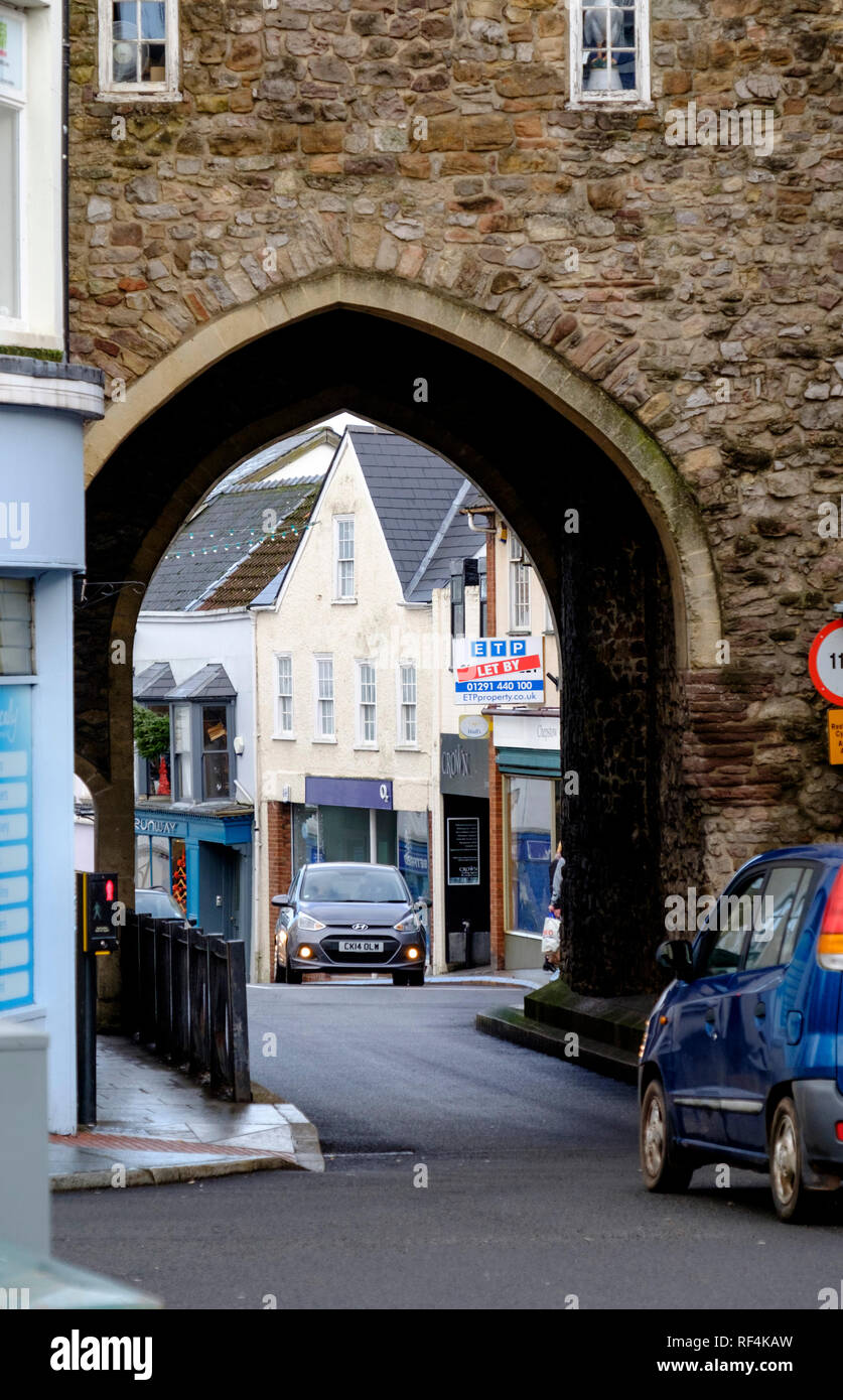 Chepstow town gate. Chepstow, a small town in Monmouthshire, Wales; it ...