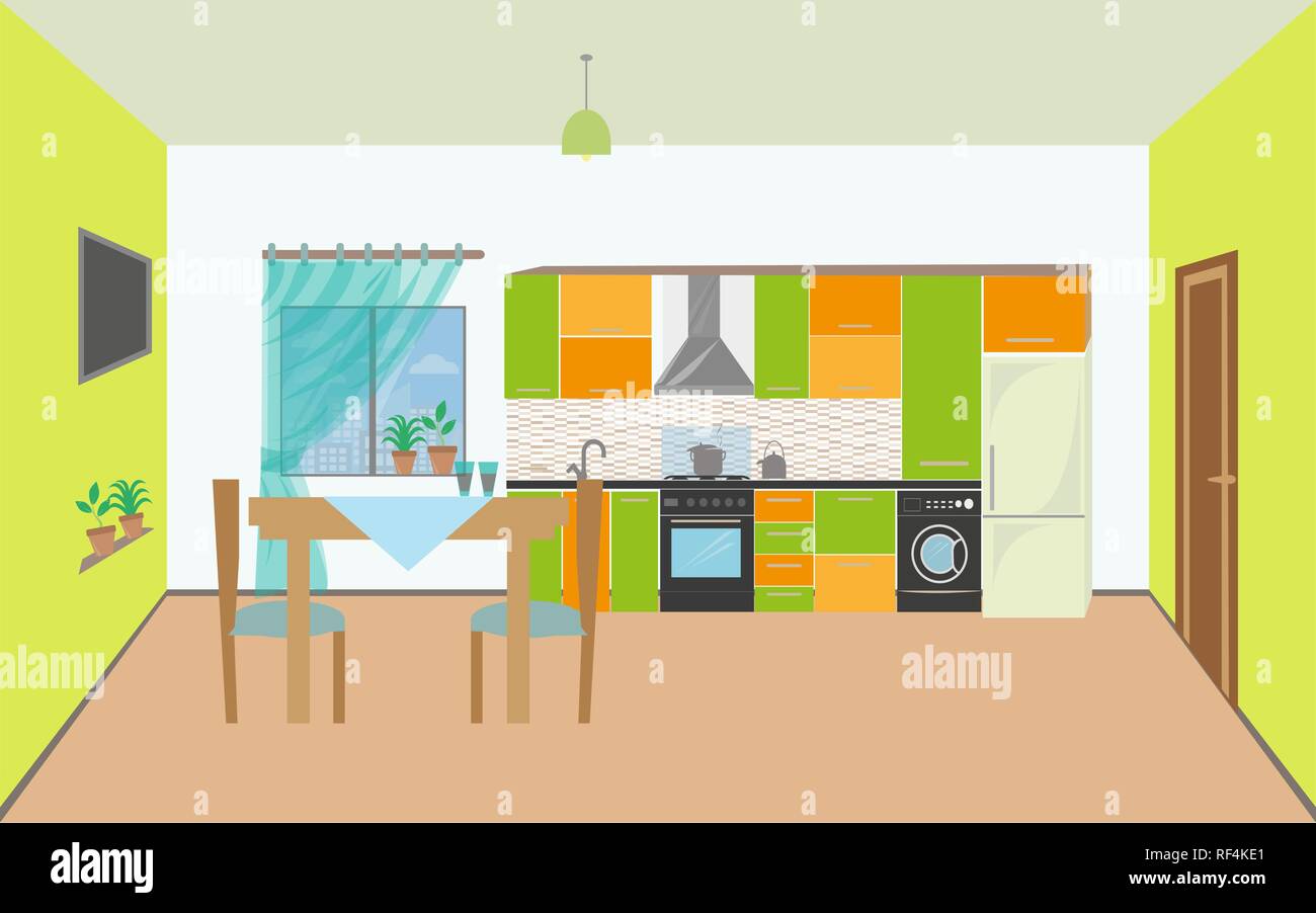 Modern cozy graphic kitchen interior design with stove, cupboard and ...