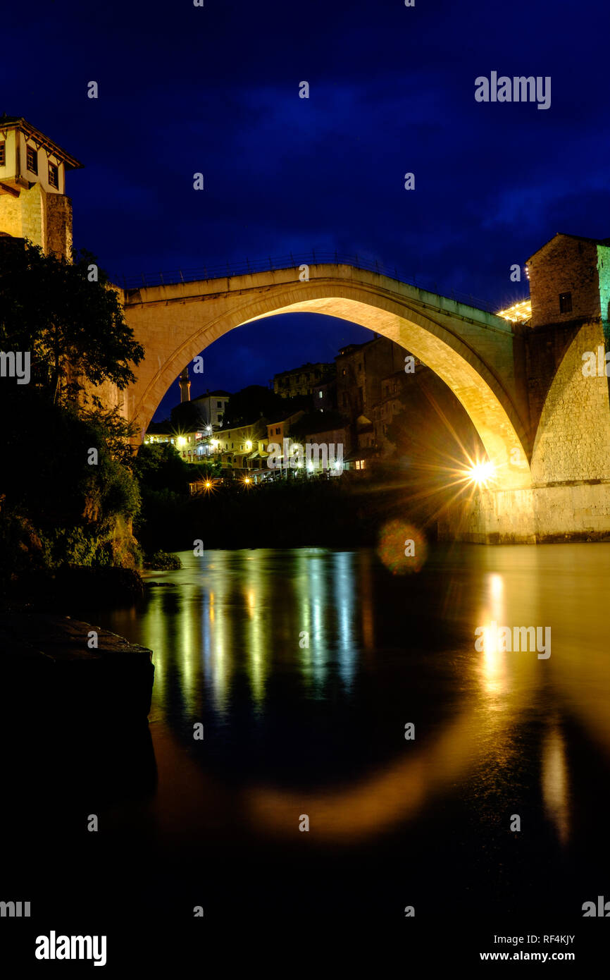 The Stari Most bridge in its full glory against the blue night skies ...