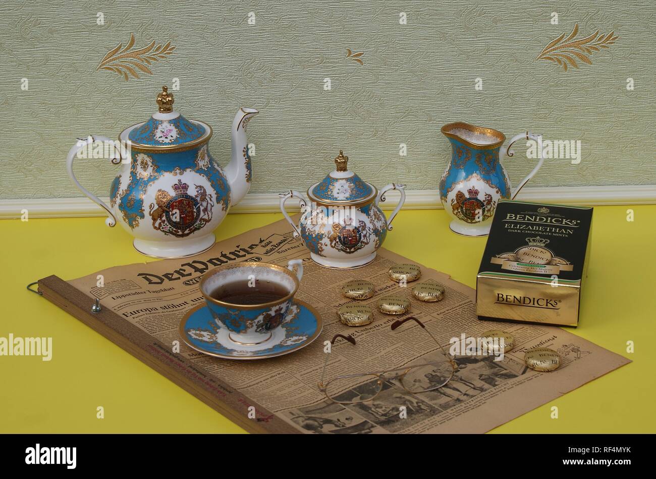 English tea set, a package of Bendick's Elizabethan chocolate mints and ...