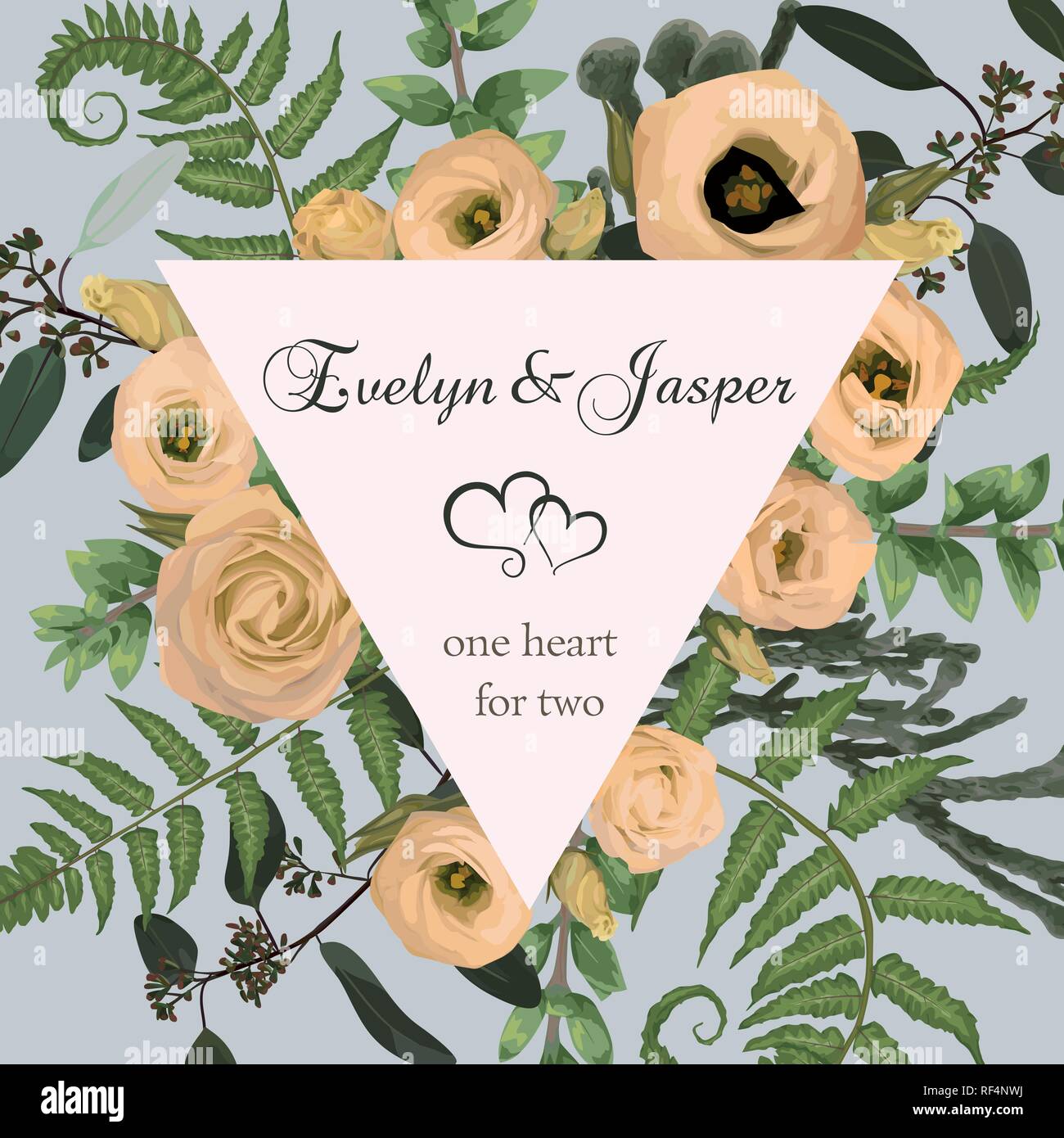 Wedding square floral invitation, invite card. Vector green forest fern ...