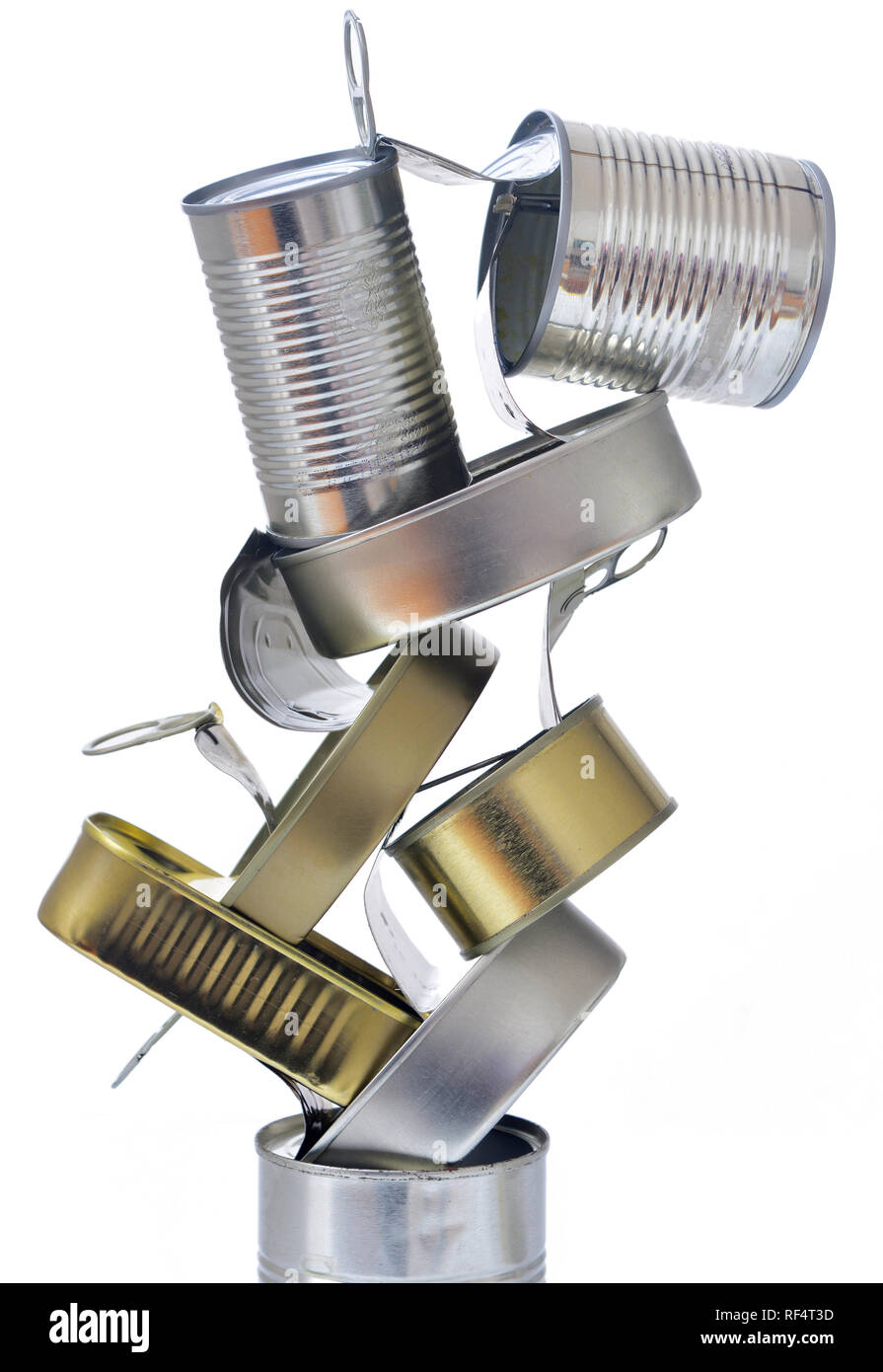 open cans stacked on white background Stock Photo - Alamy