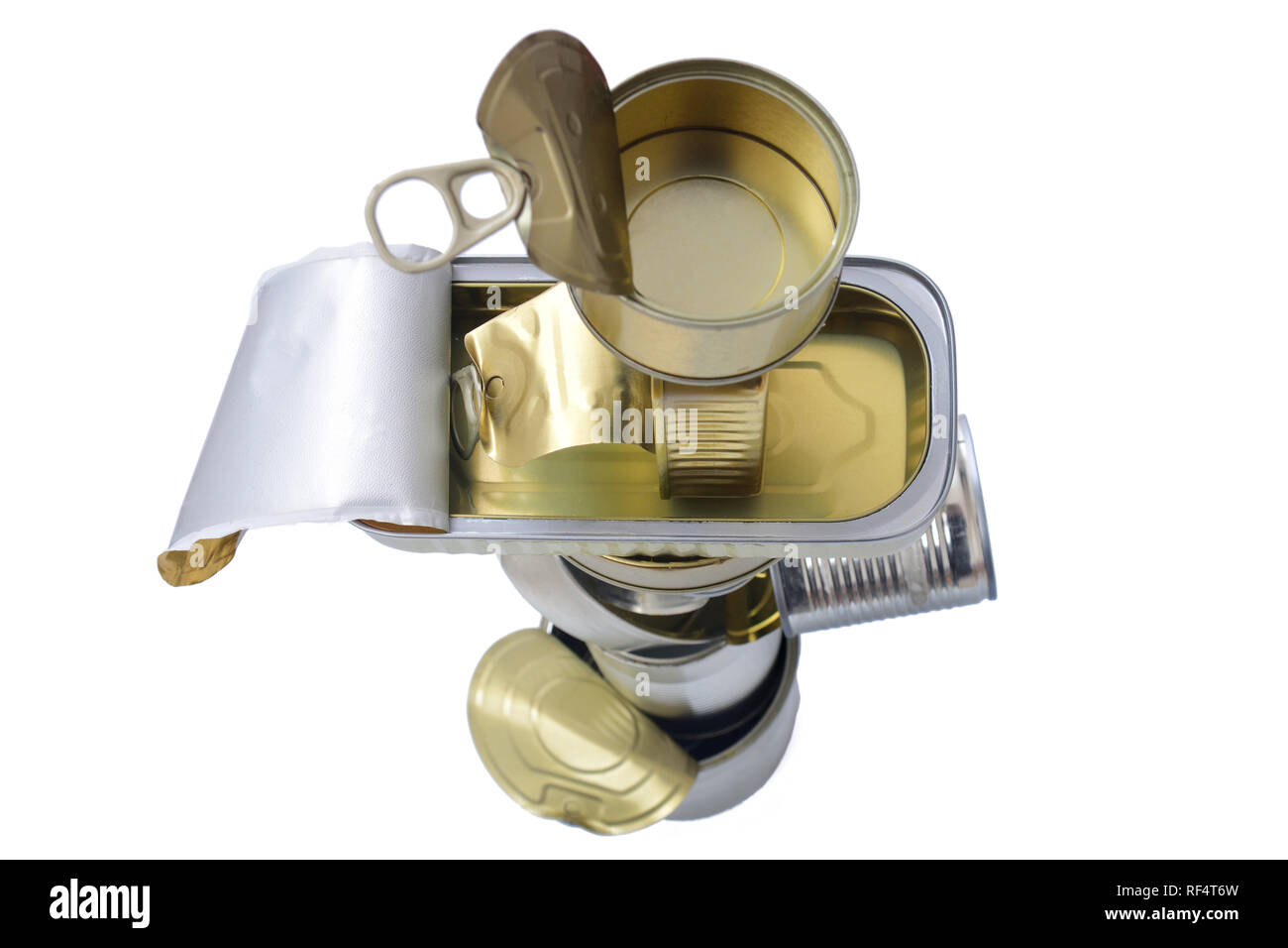 top view of open cans stacked on white background Stock Photo - Alamy
