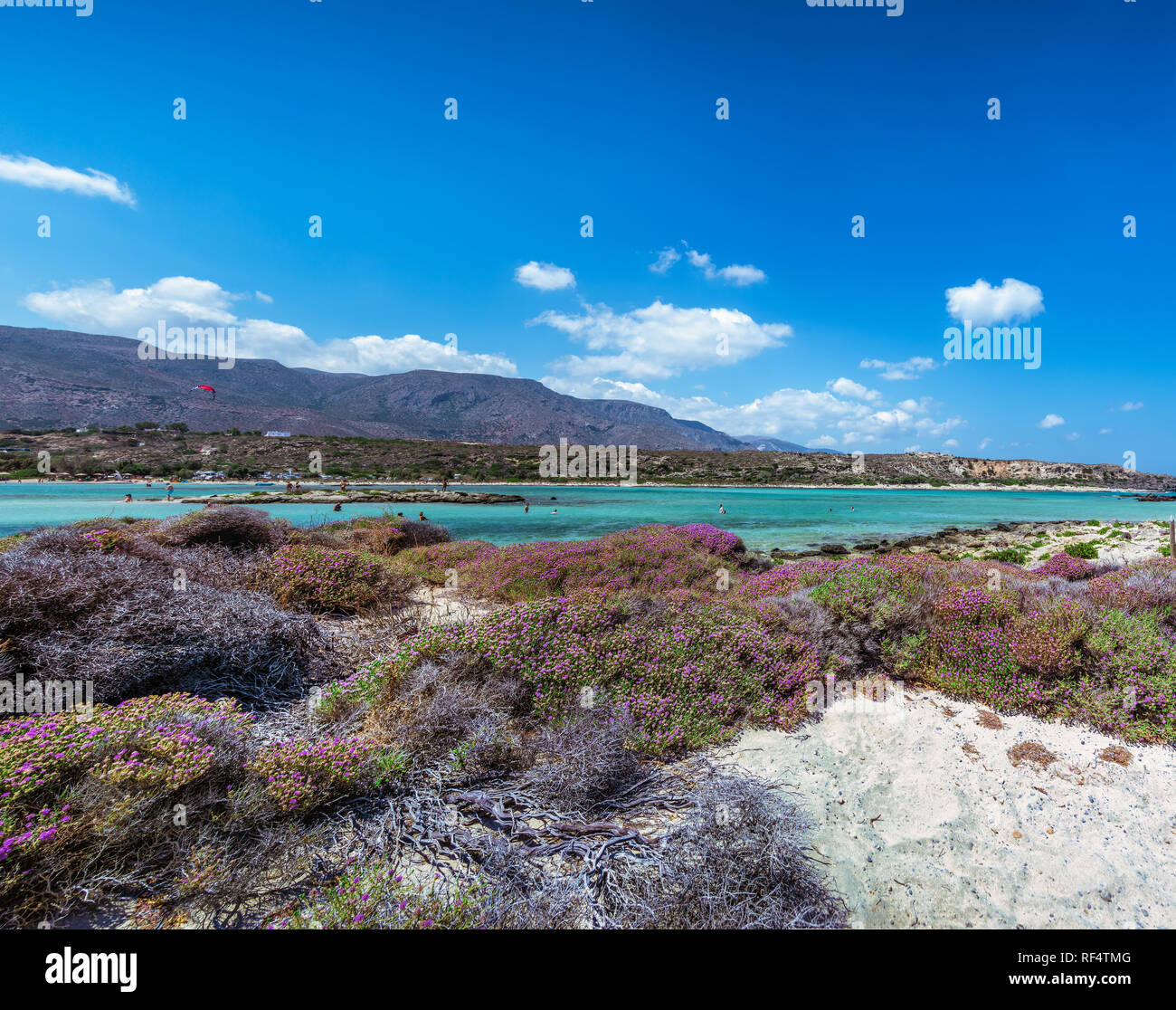 Panorama of beautiful Crete coastline. White sand beach with blooming ...