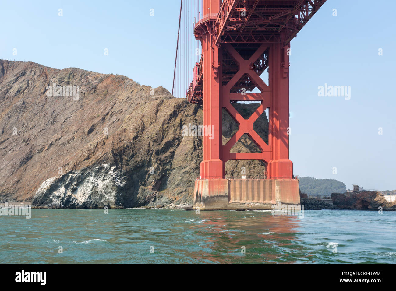 Bright red structure of the end of Golden Gate Bridge in San Francisco ...