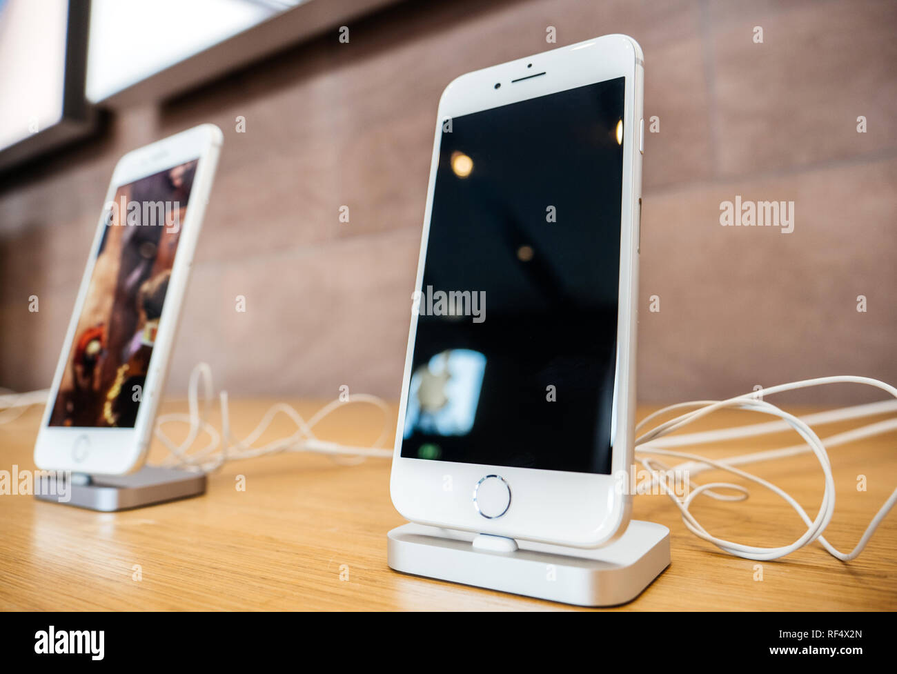 Paris, France - Dec 16, 2018: Hero product of Apple Computers iPhone 8 telephone smartphone on ...