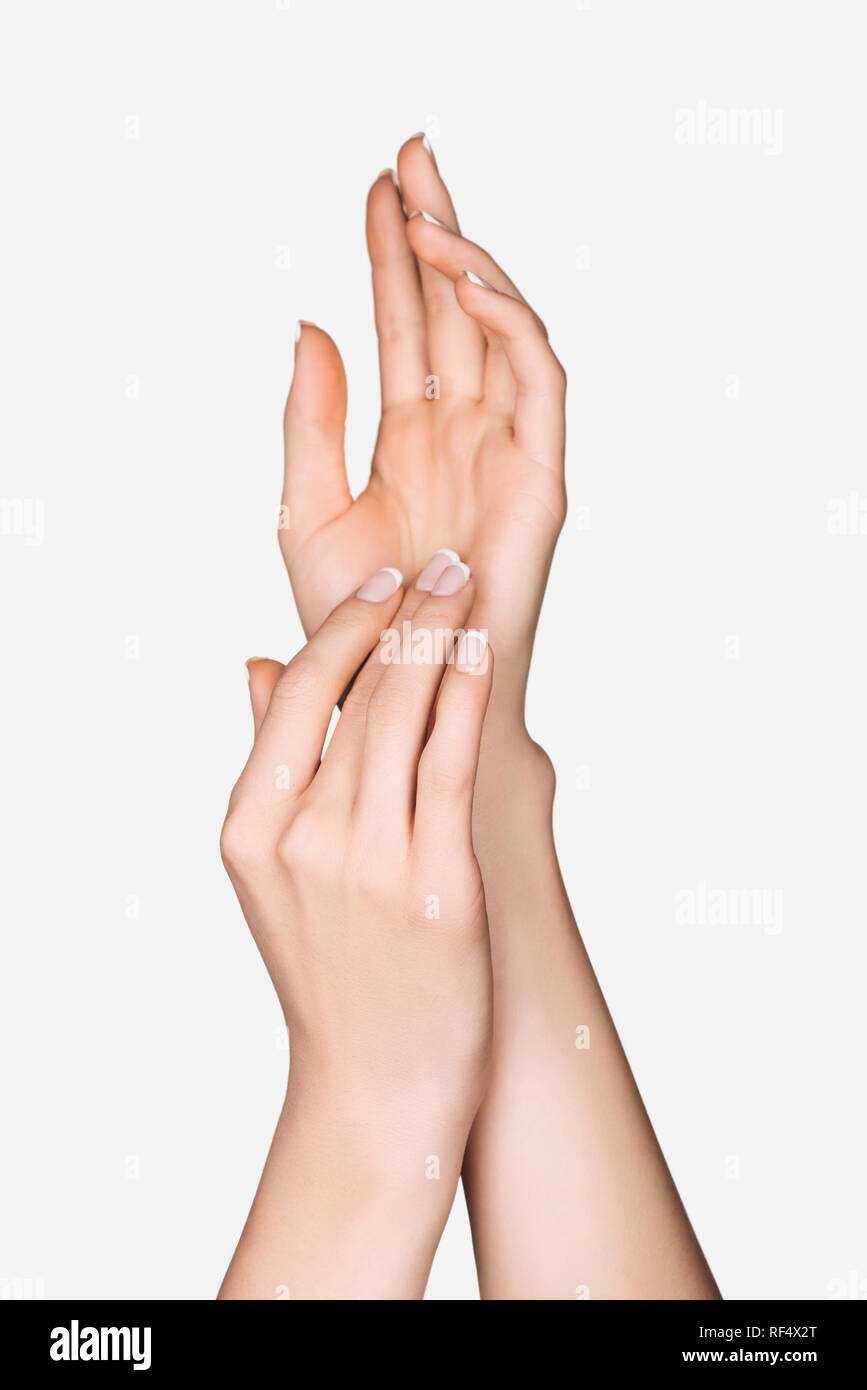 partial view of female hands isolated on white Stock Photo - Alamy