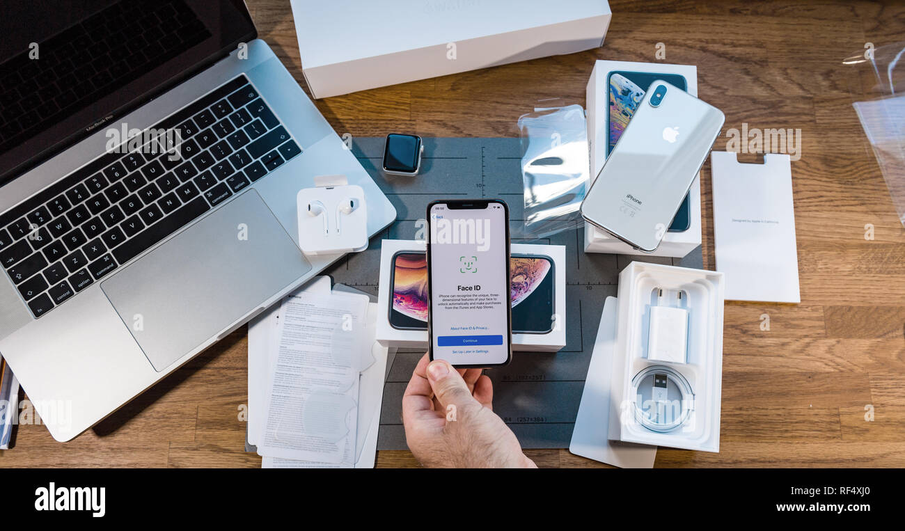 PARIS, FRANCE - SEPTEMBER 21, 2018: Apple fan boy unboxing latest new ...