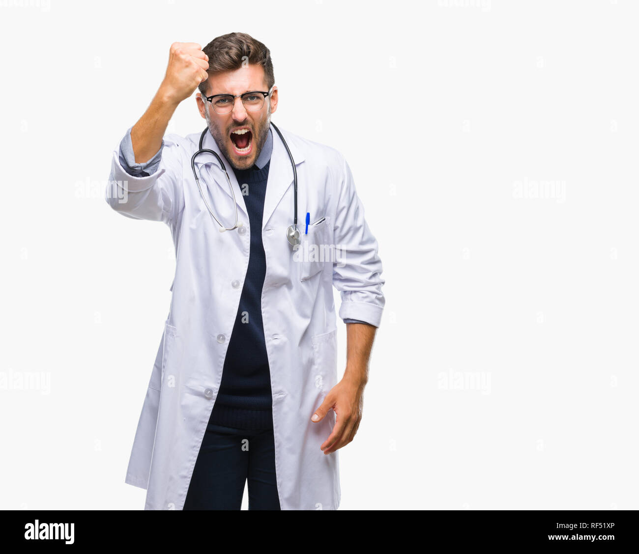 Young handsome doctor man over isolated background angry and mad ...