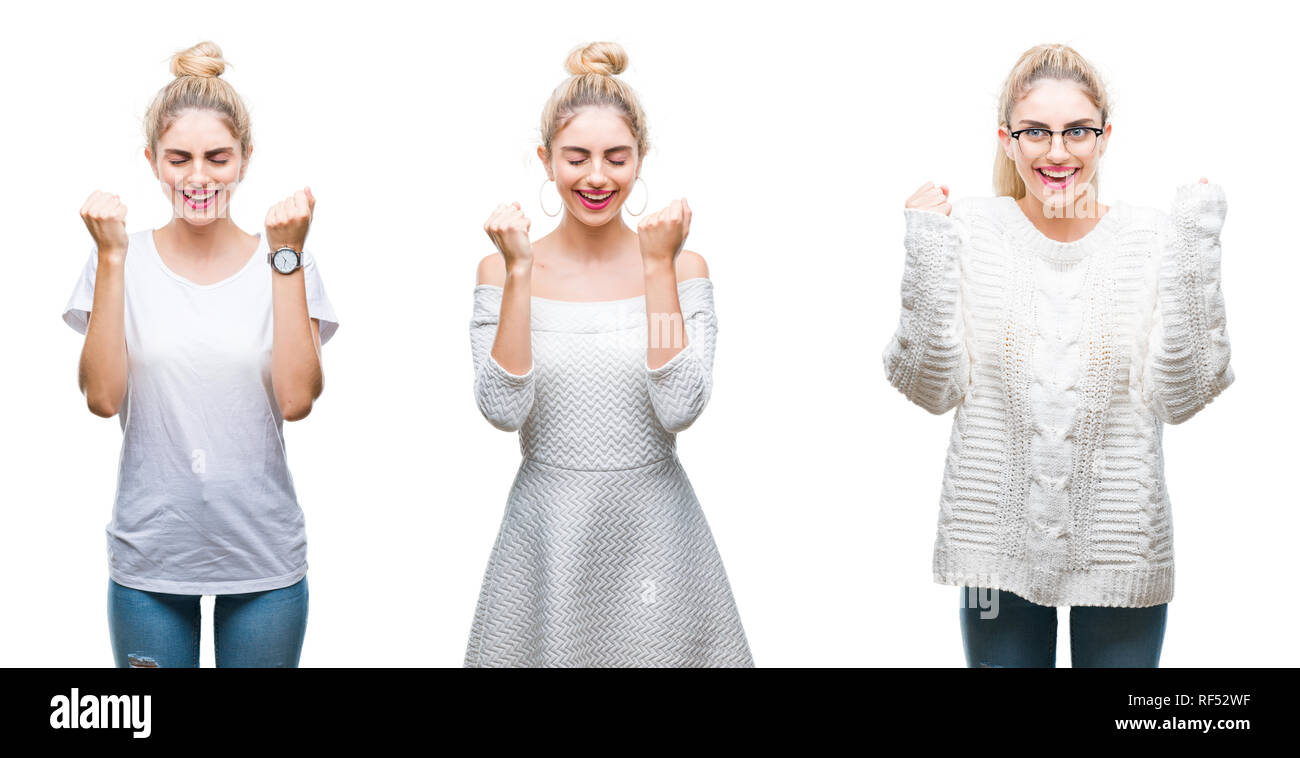 Collage of young beautiful blonde woman over white isolated background ...