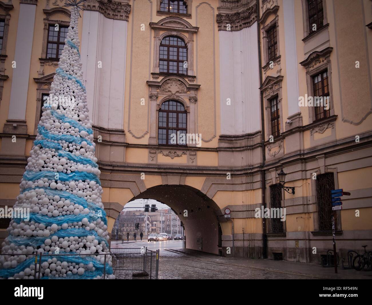 Baroque Architecture with a Christmas Tree and Light Snow in Wroclaw ...