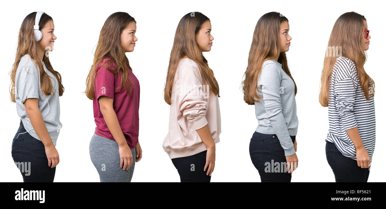 Collage of beautiful young woman over isolated background looking to ...