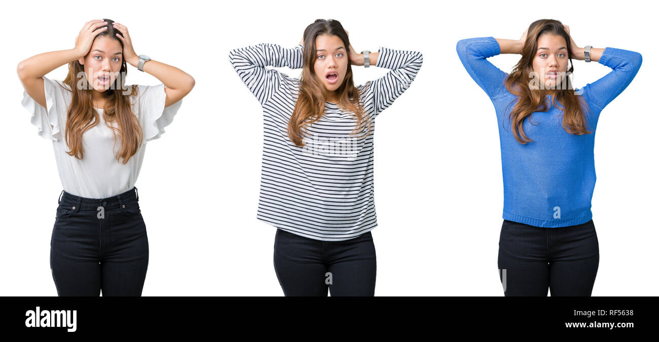 Collage of beautiful young woman over isolated background Crazy and ...