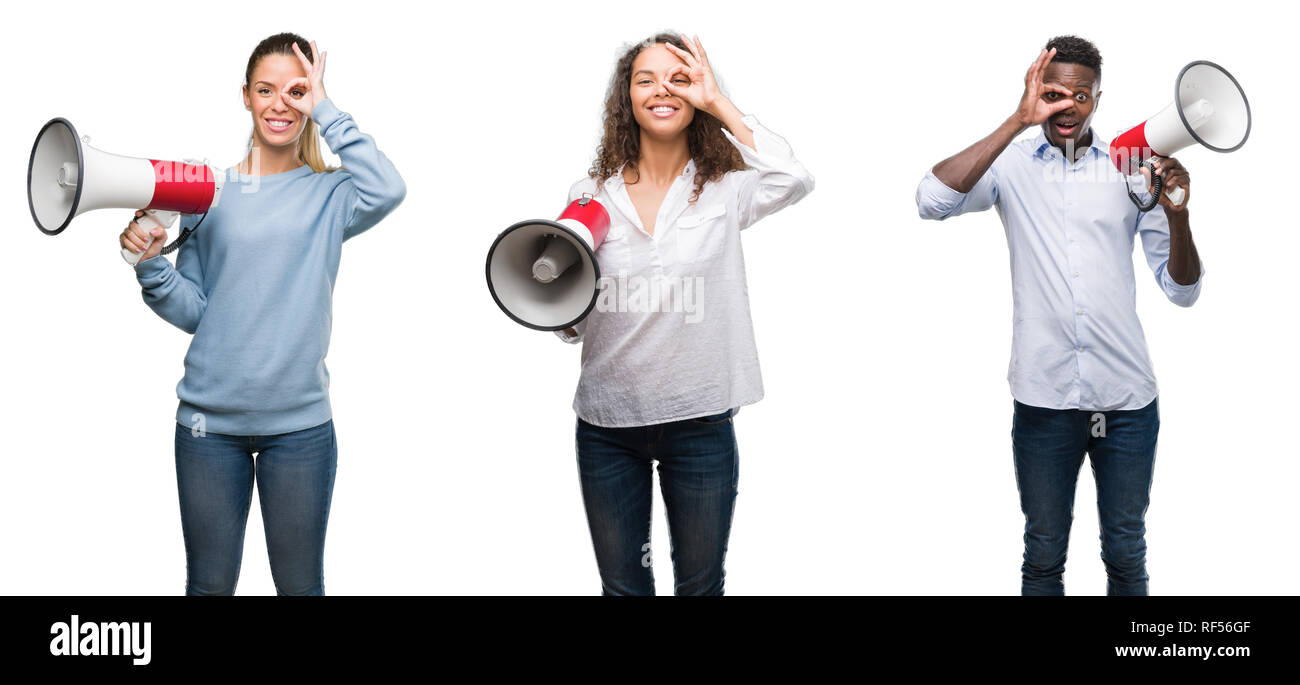 Collage of young people yelling through megaphone over isolated ...