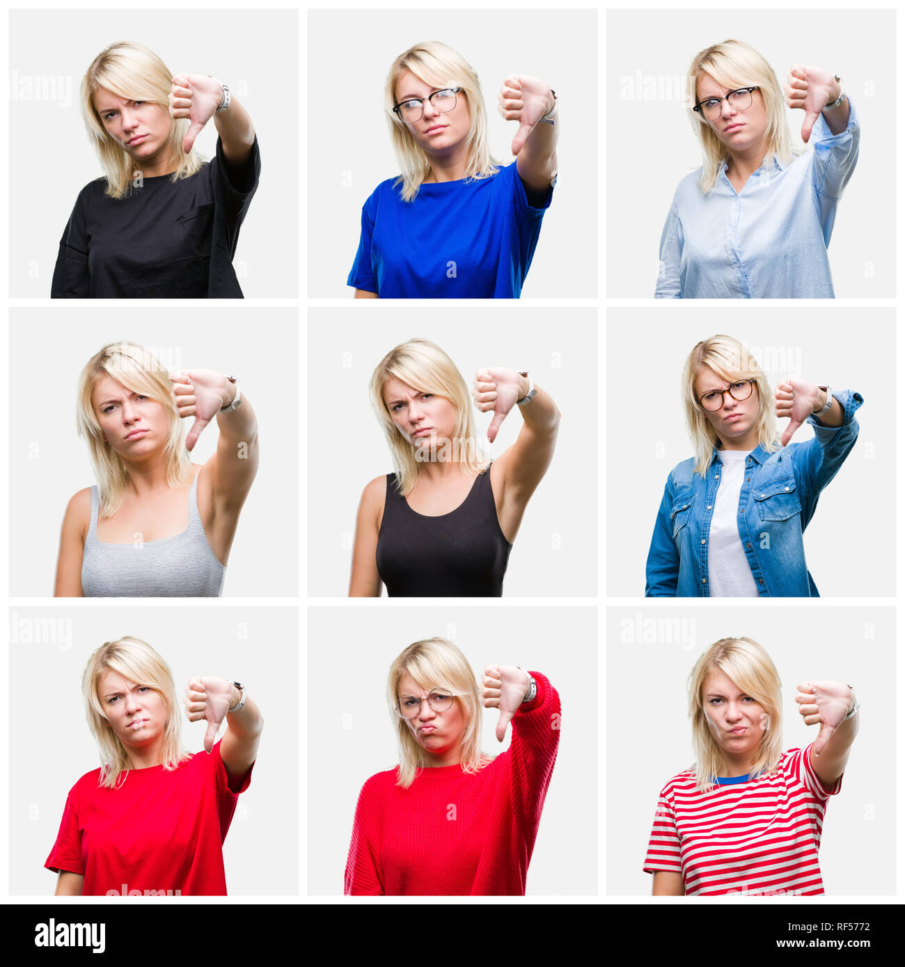 Collage of beautiful blonde woman wearing differents casual looks over ...