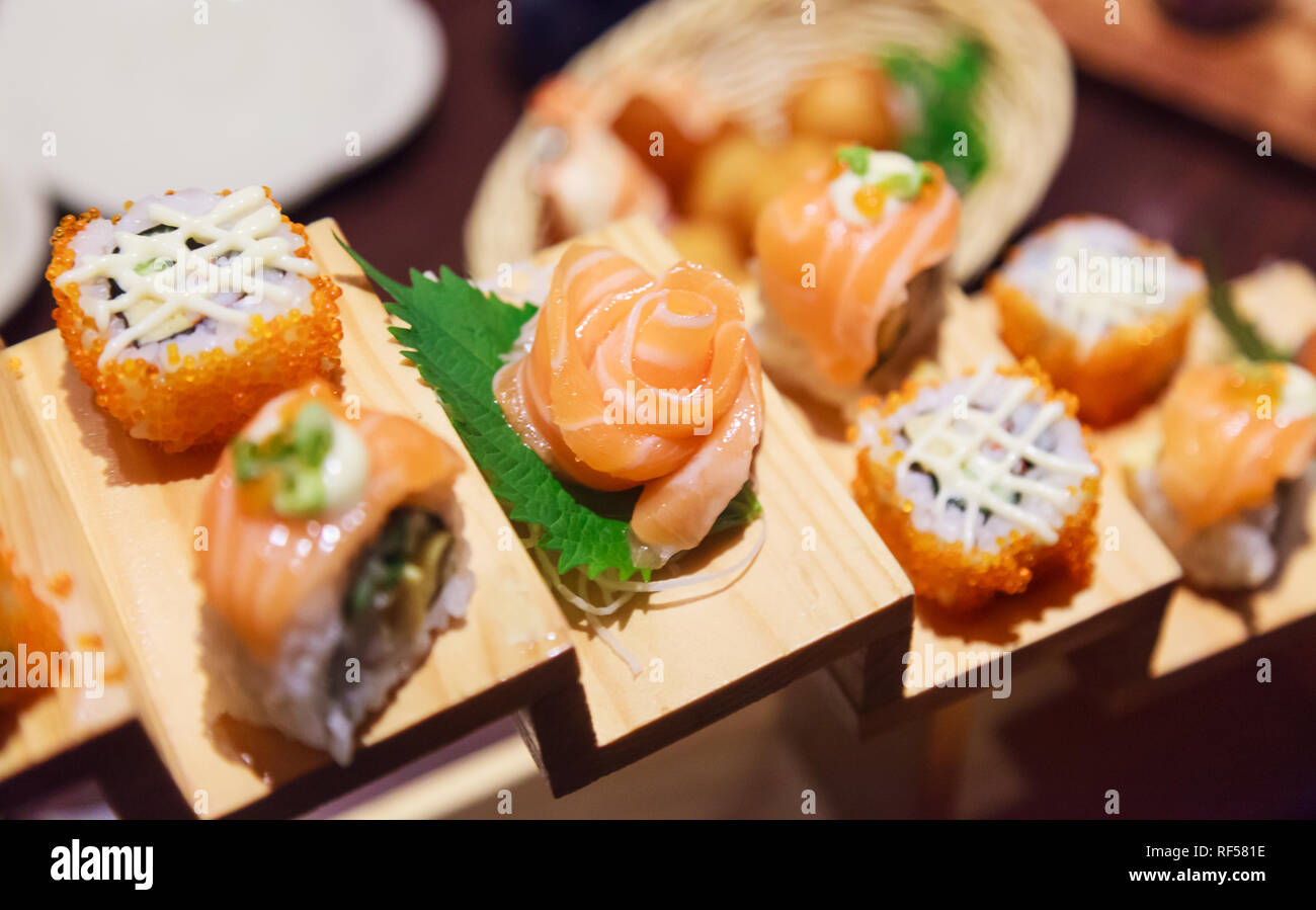 Japanese Fresh Fish Food Dish Menu, Salmon Sushi and Sashimi Assortment ...