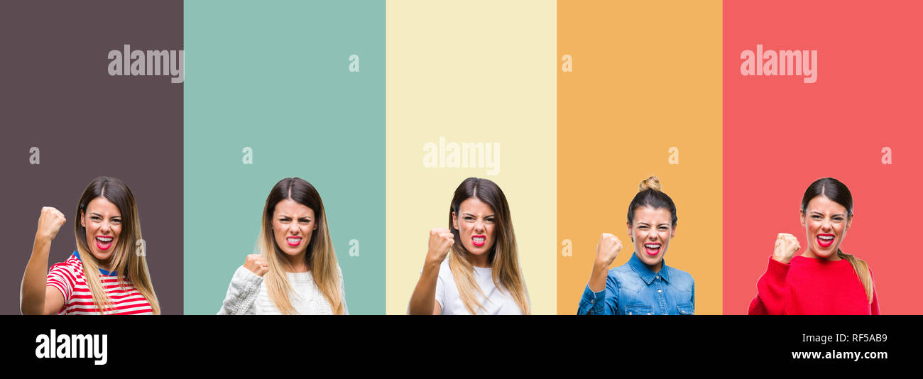 Collage of young beautiful woman over colorful vintage isolated ...