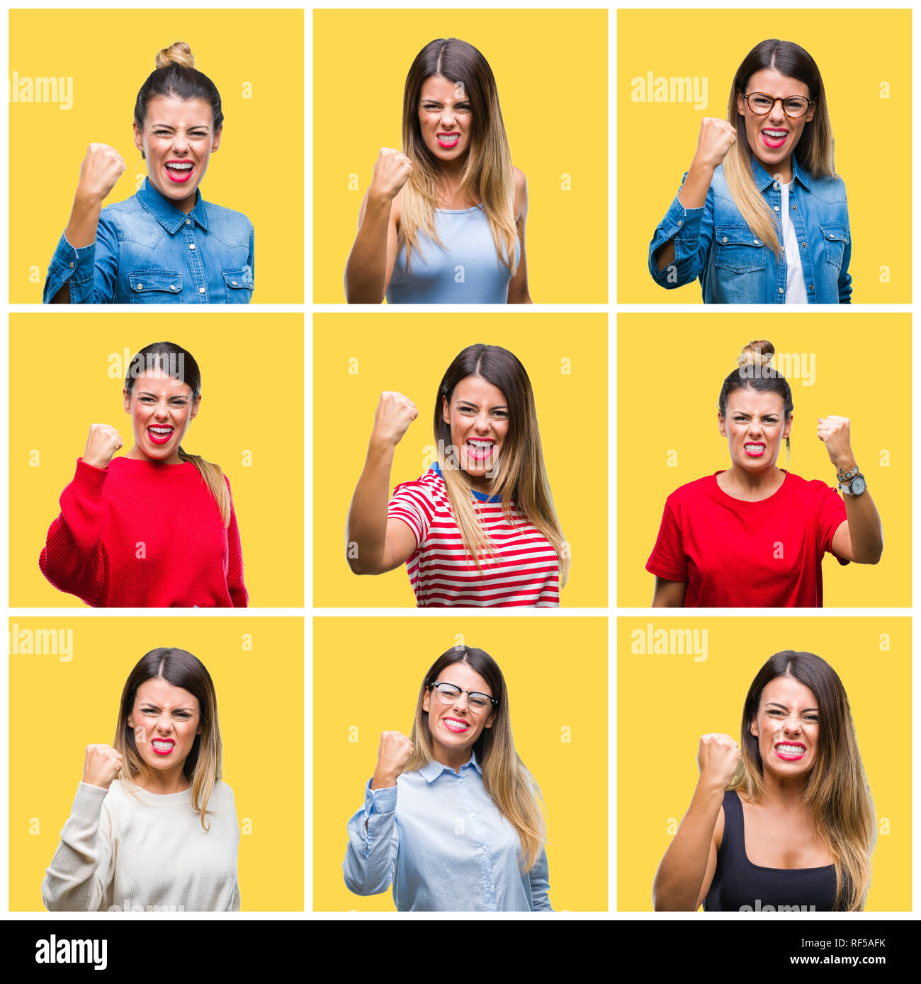 Collage of young beautiful woman over yellow isolated background angry ...