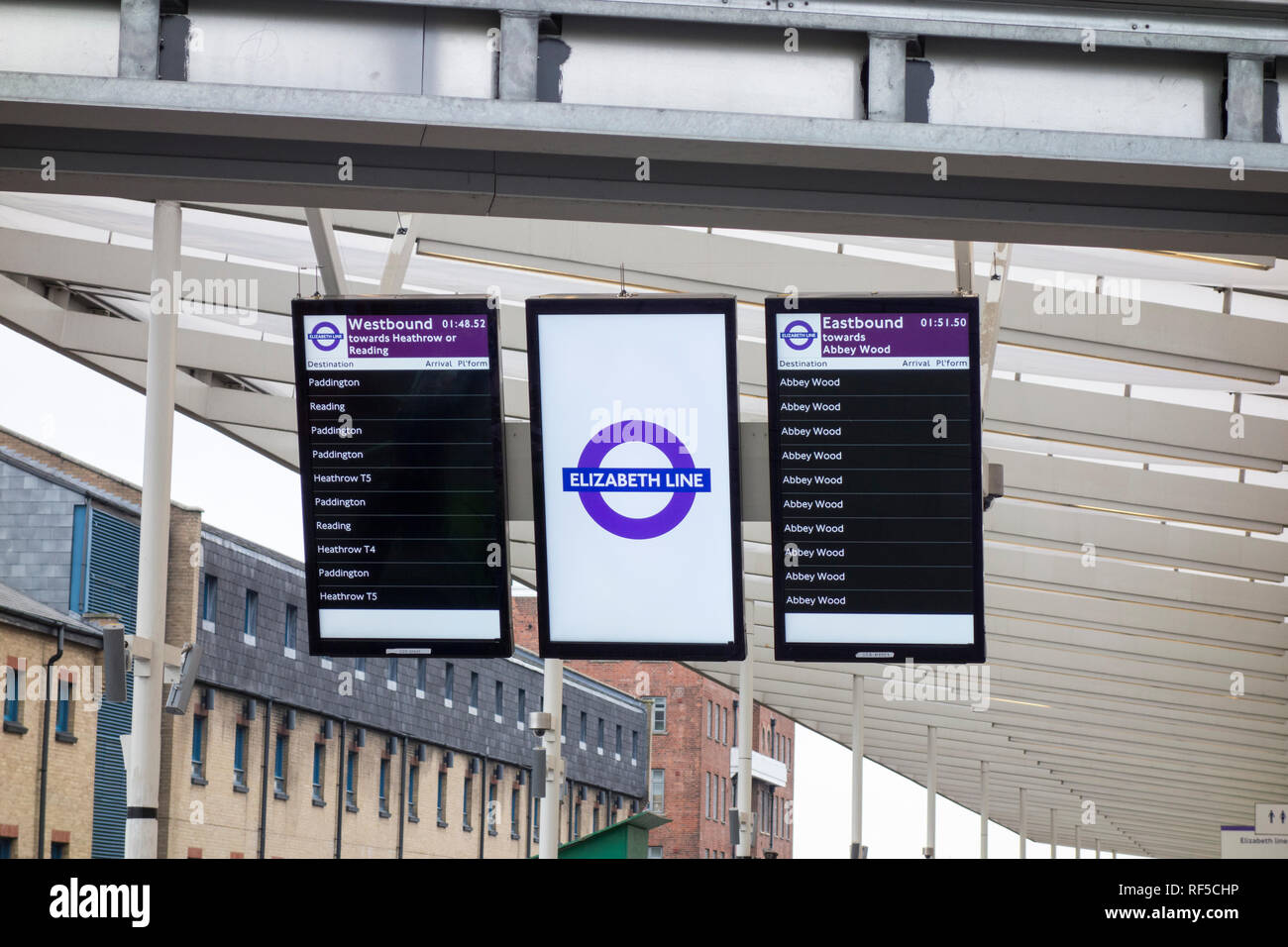 Elizabeth line station platform indicators at Custom House, London, UK ...