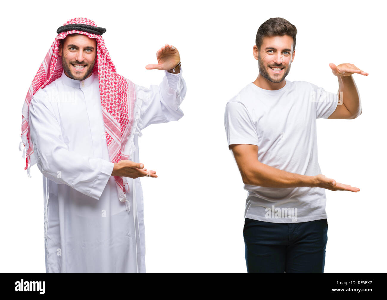 Collage of handsome young man and arab man over isolated background ...