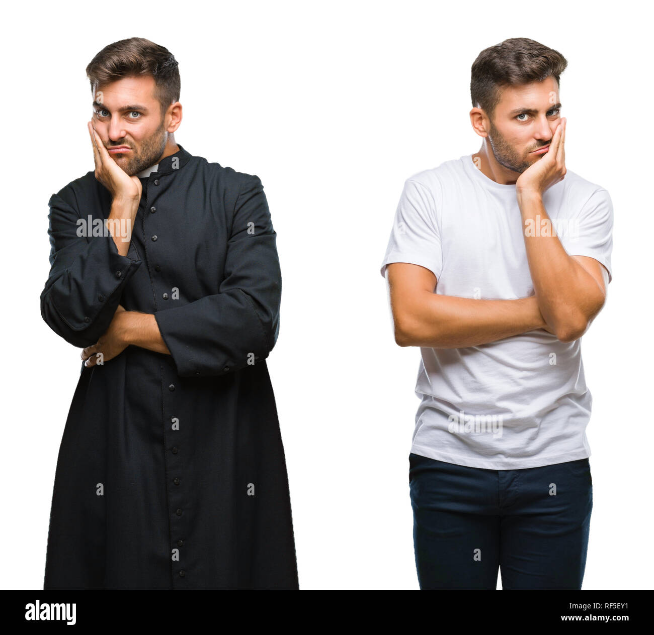 Collage of handsome young man and catholic priest over isolated ...