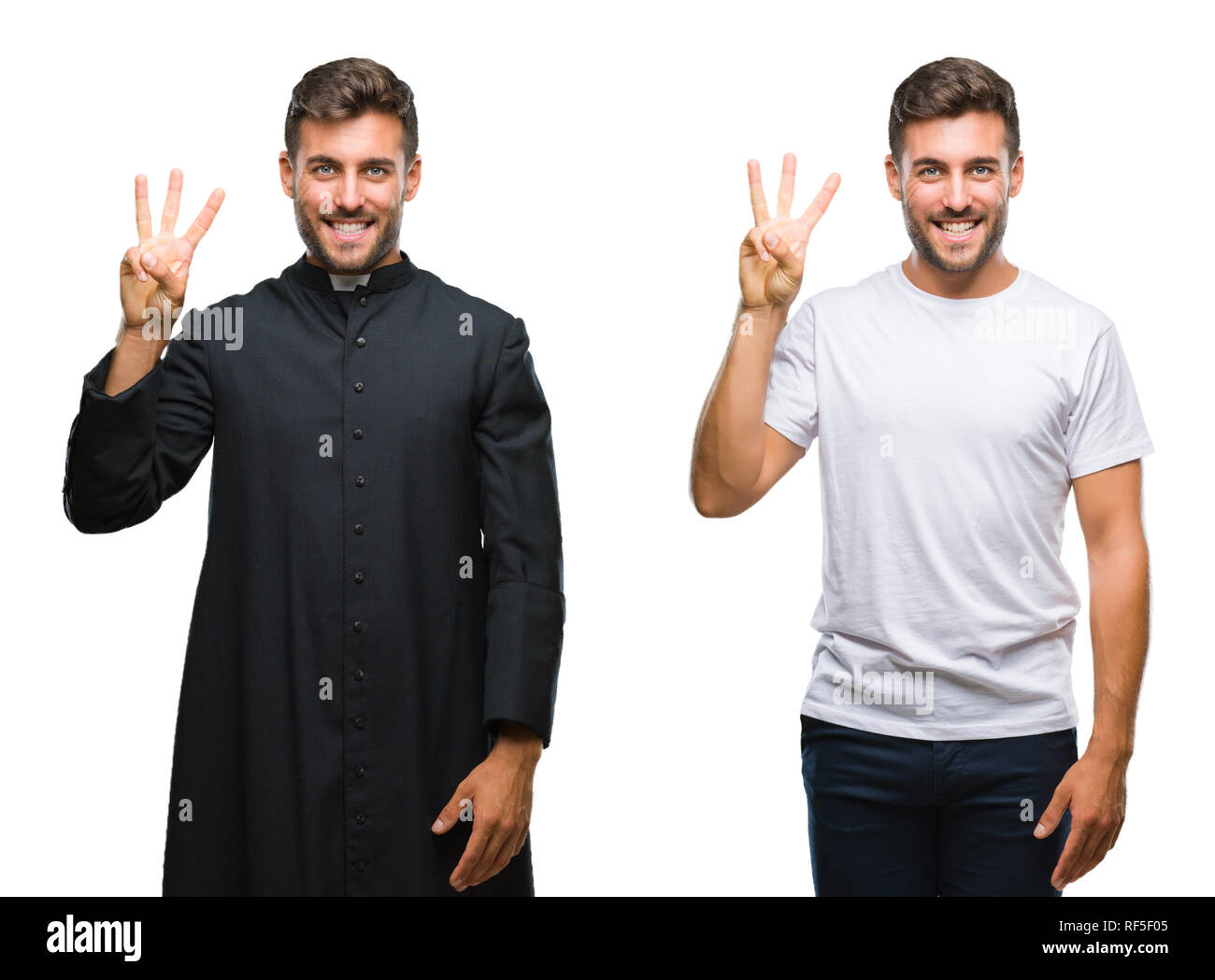 Collage of handsome young man and catholic priest over isolated ...