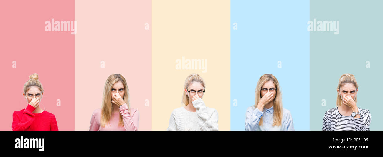 Collage of young beautiful blonde woman over vivid colorful vintage ...