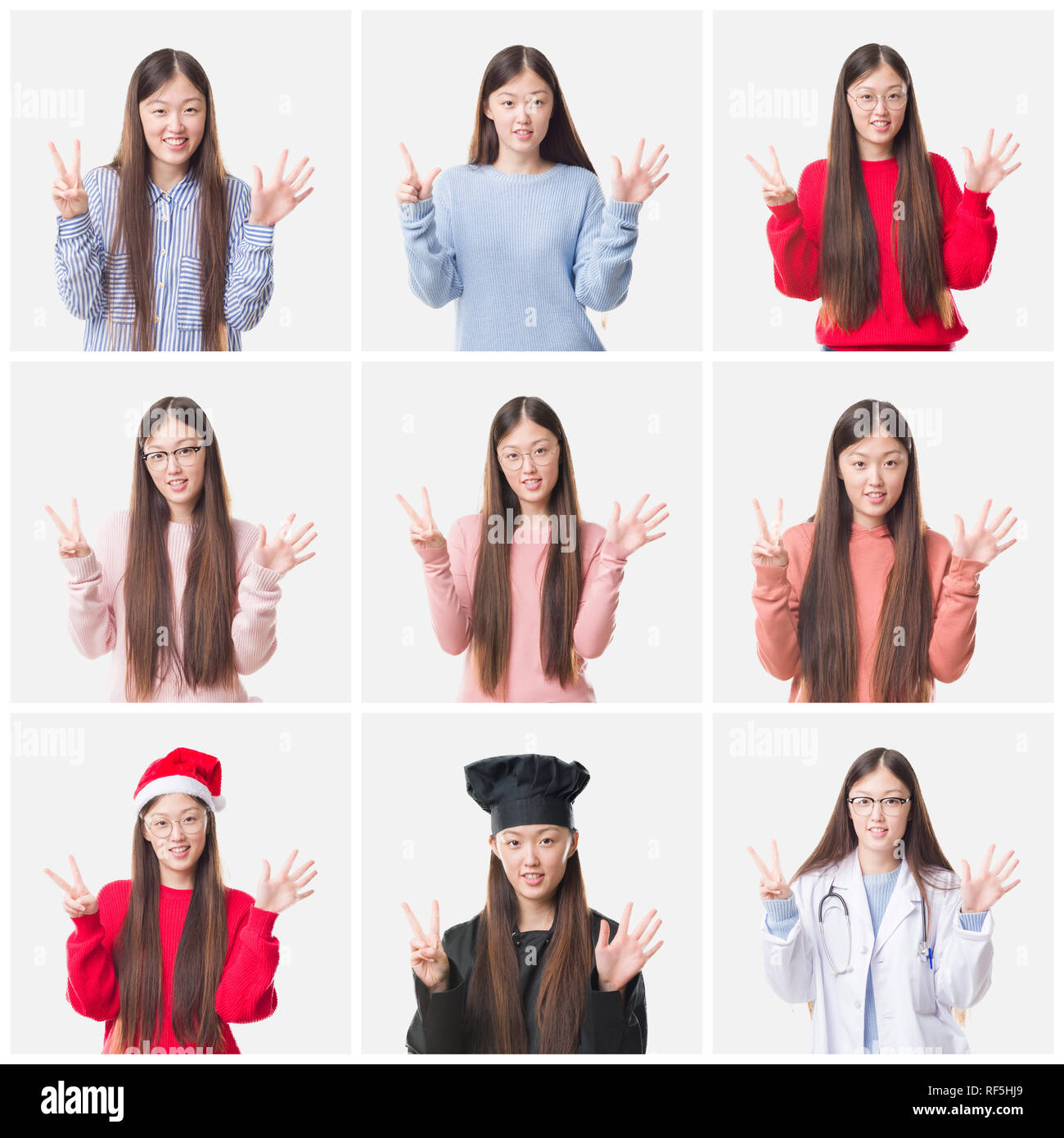 Collage of young doctor, chef asian woman isolated background showing ...