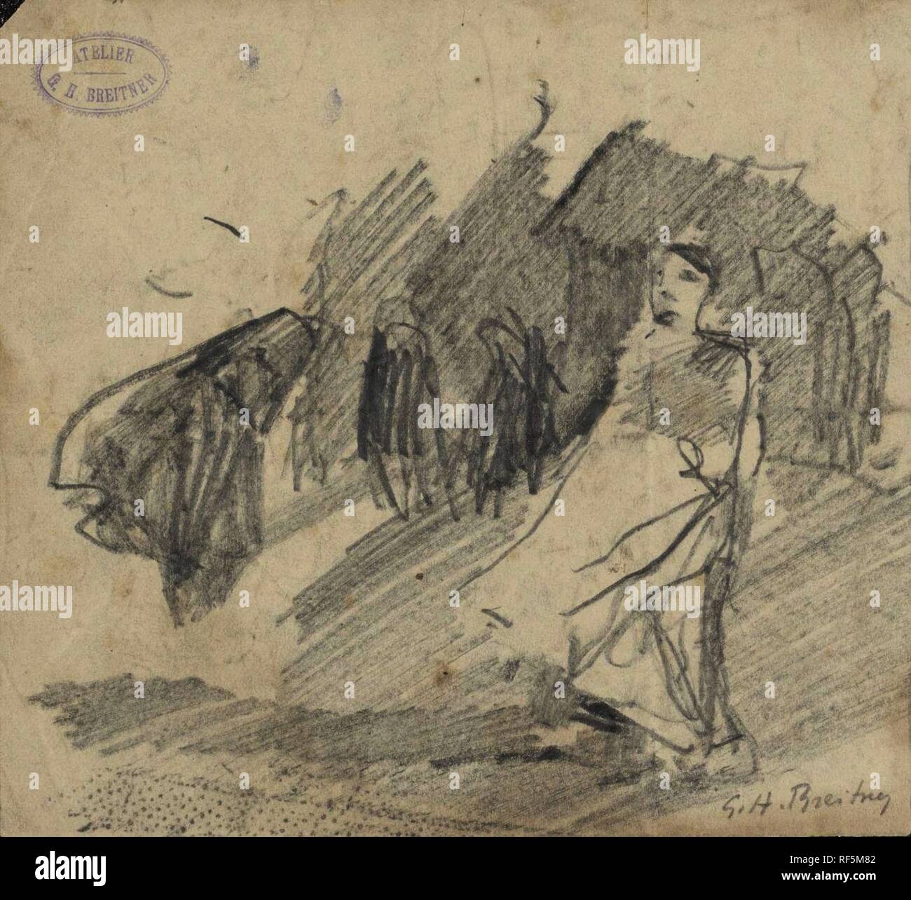 Figures on the street. Draughtsman: George Hendrik Breitner (signed by ...