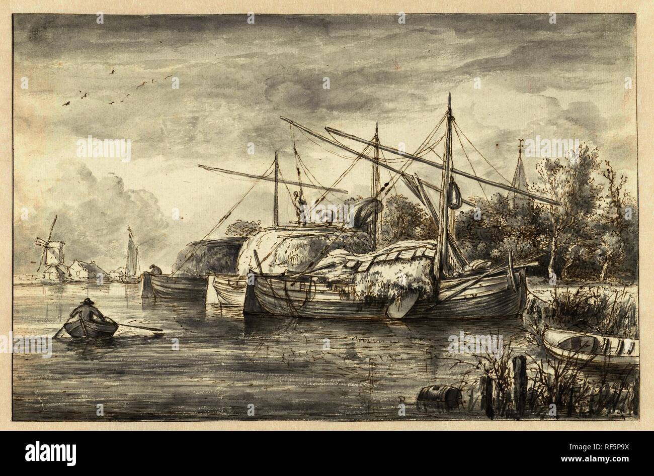 River landscape with some hay-boats. Draughtsman: anonymous ...