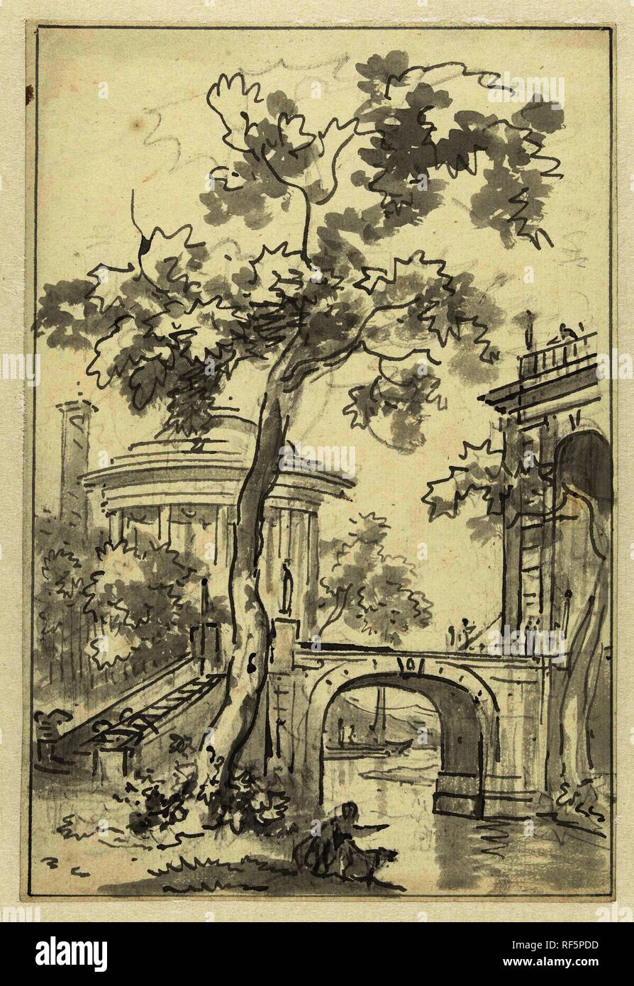 Design for wallpaper painting with arcadian landscape with high bridge ...
