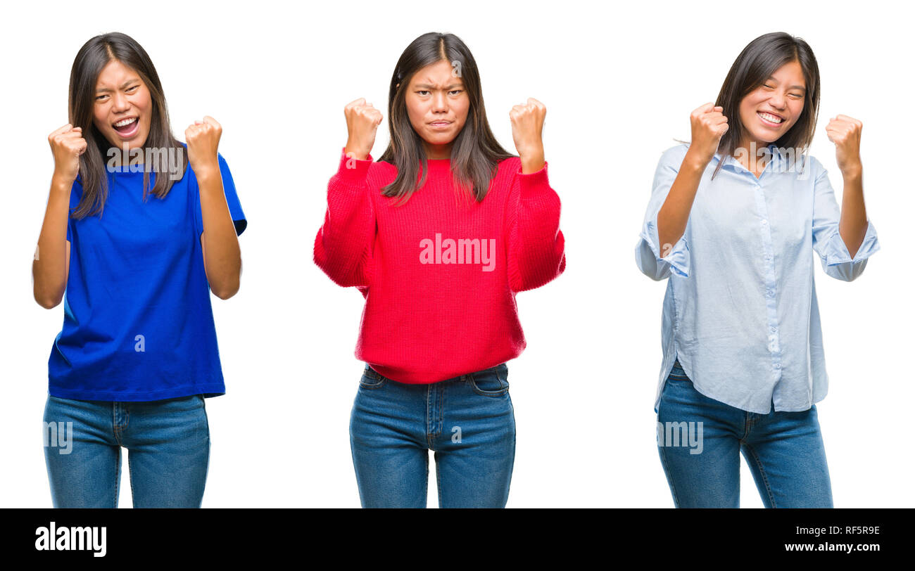 Collage of asian young woman standing over white isolated background ...