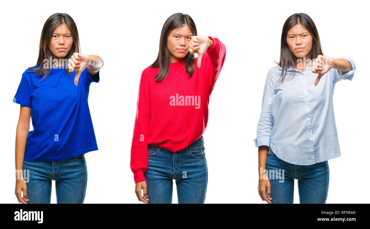Collage of asian young woman standing over white isolated background ...