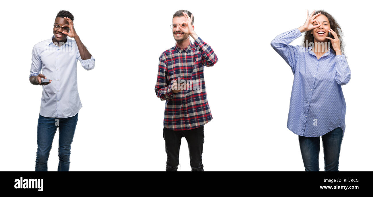 Collage of young people talking and texting using smartphone over ...