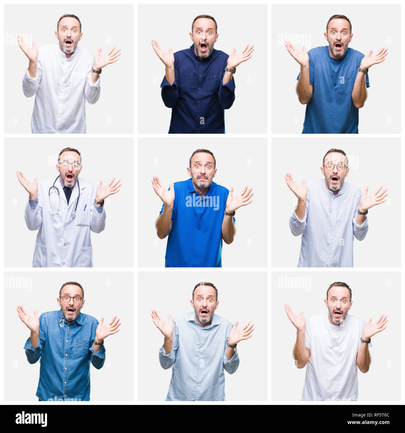 Collage of senior hoary elegant man over white isolated background ...