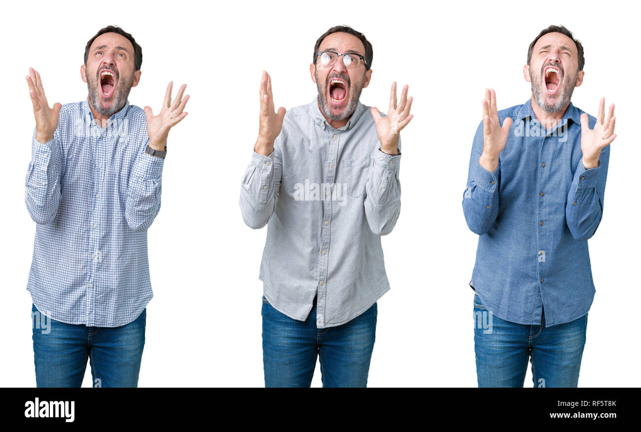 Collage of handsome senior business man over white isolated background ...