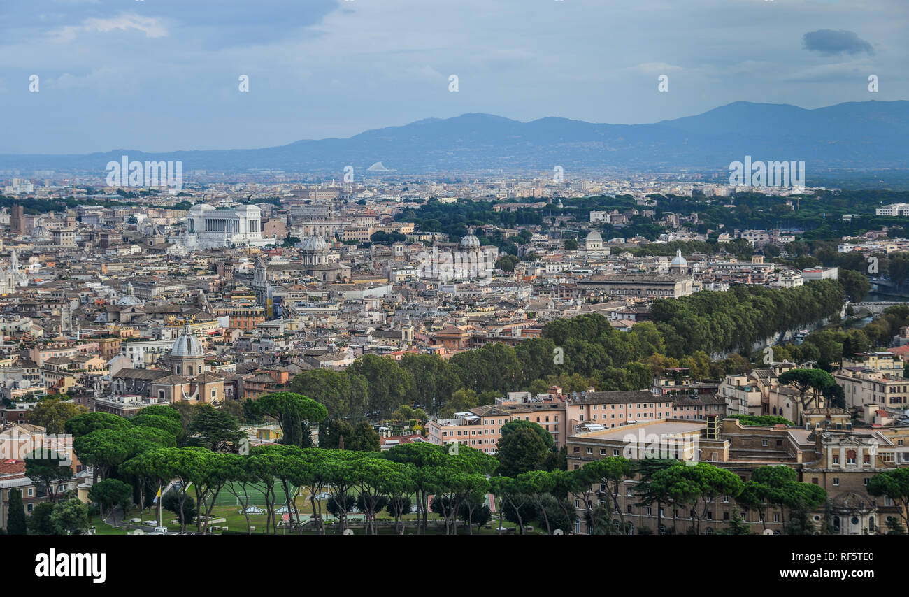 Aerial cityscape view of Rome, from top of Saint Peter Basilica. Rome ...
